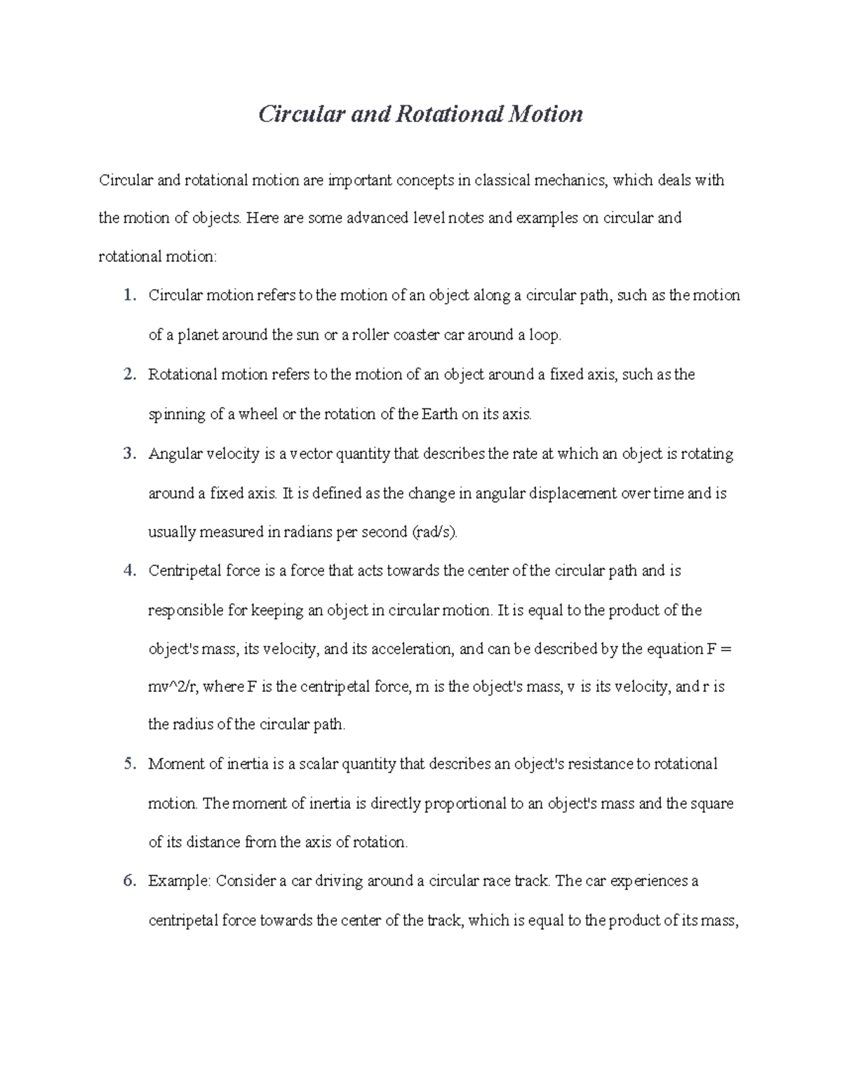 Notes on Circular and Rotational Motion - Circular and Rotational ...