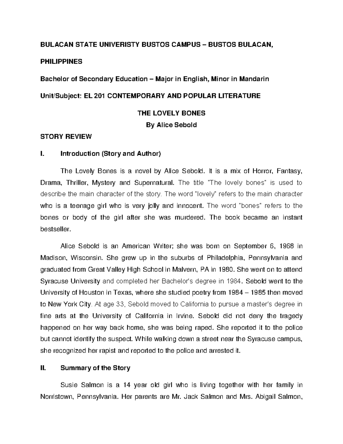 A Story Review of The Lovely Bones by Alice Sebold - BULACAN STATE ...