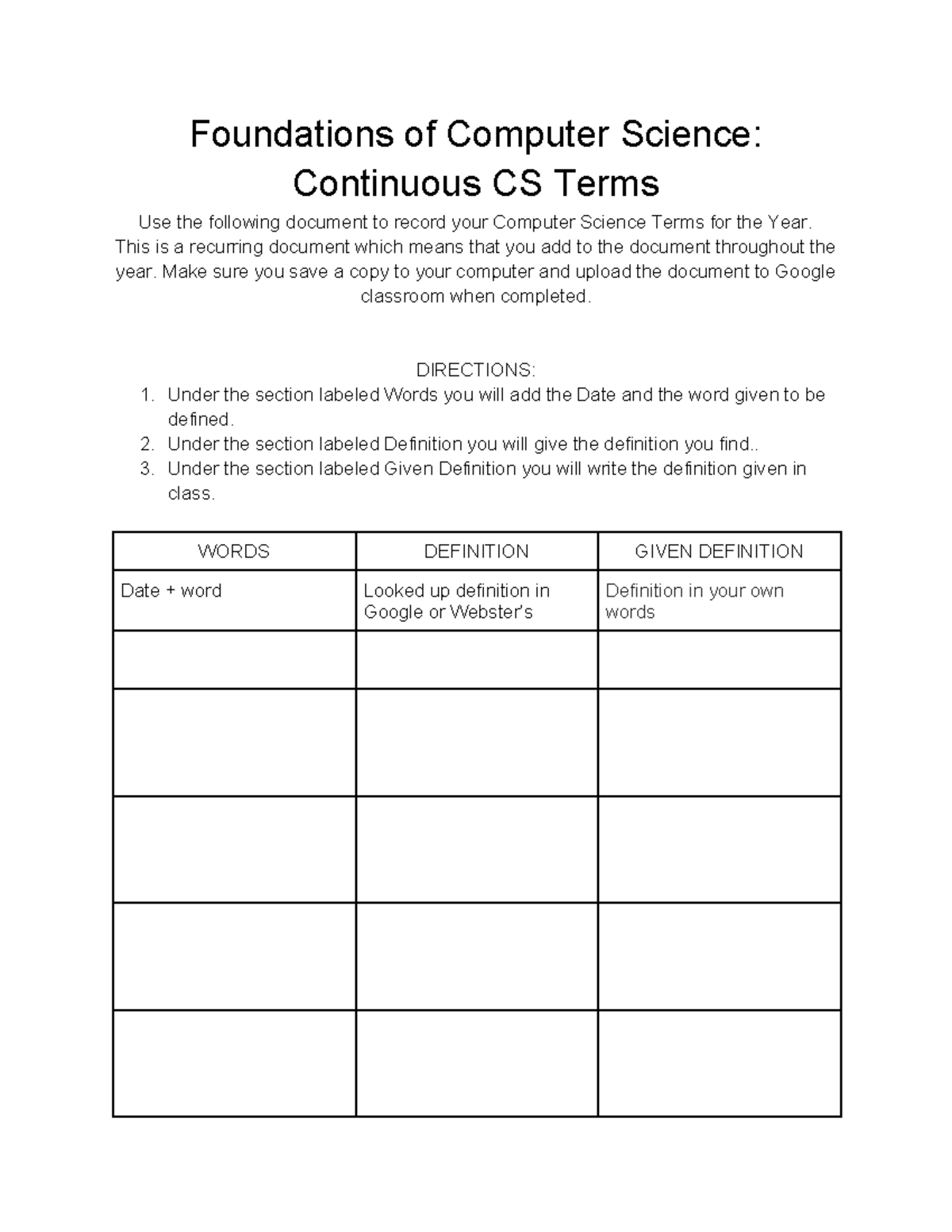 Definition Sheet Unit2 - Foundations of Computer Science: Continuous CS Terms Use the following ...
