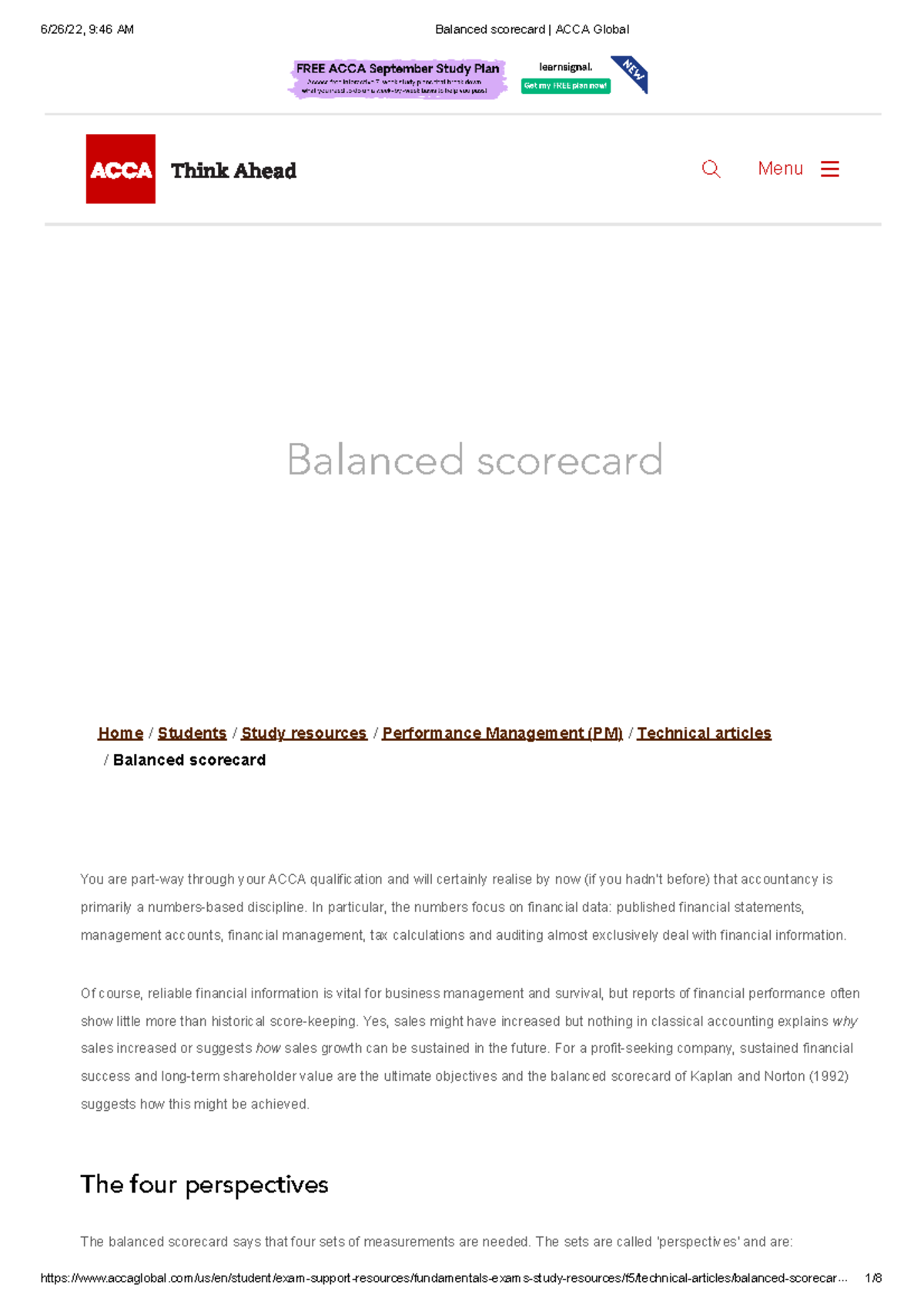 Balanced scorecard ACCA Global - Home / Students / Study resources ...