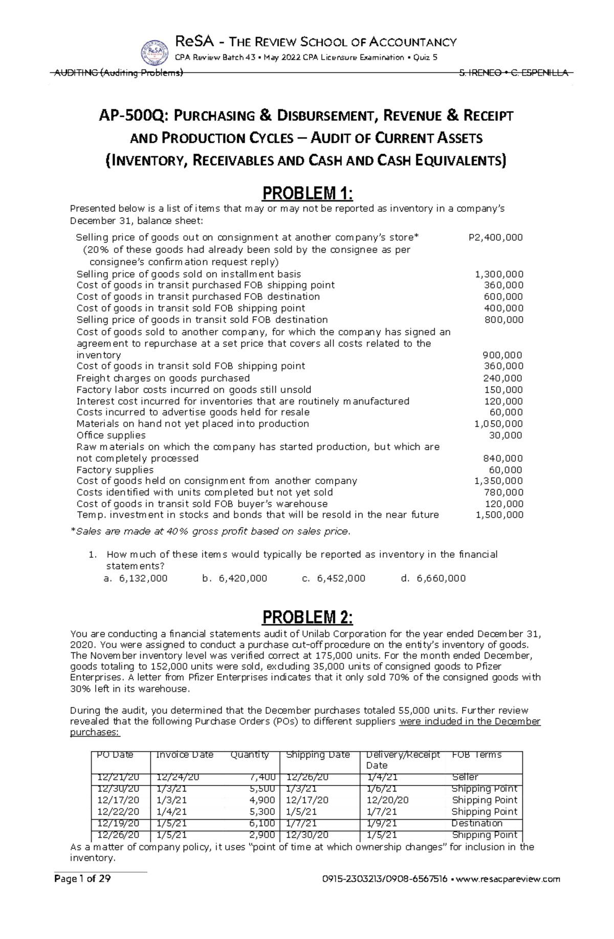 AP- 500Q resa-ap-quiz-5b43 - ReSA - THE REVIEW SCHOOL OF ACCOUNTANCY ...