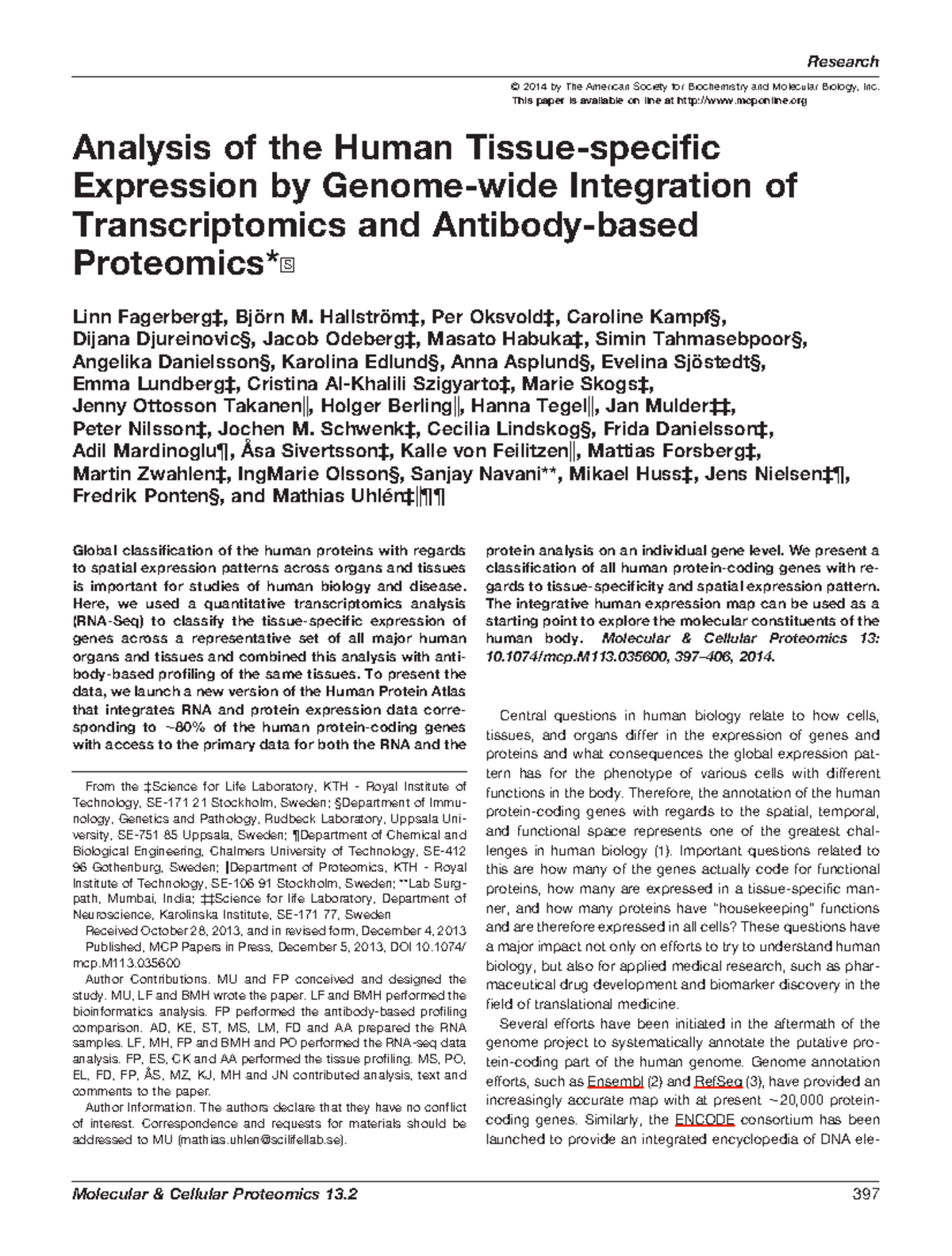 Analysis of the Human Tissue-specific Expression by Genome-wide ...