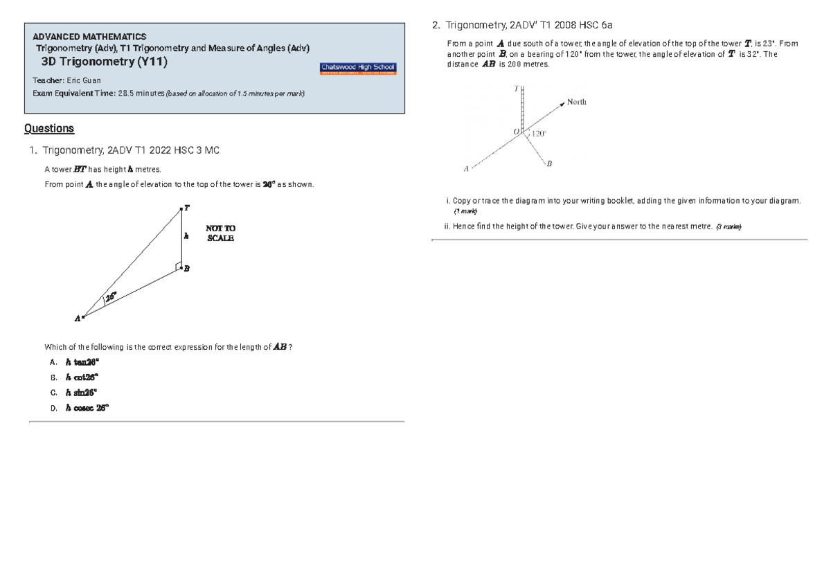 Yr11 Adv Ass2 Revision - 3D Trig - 1. Trigonometry, 2ADV T1 2022 HSC 3 ...