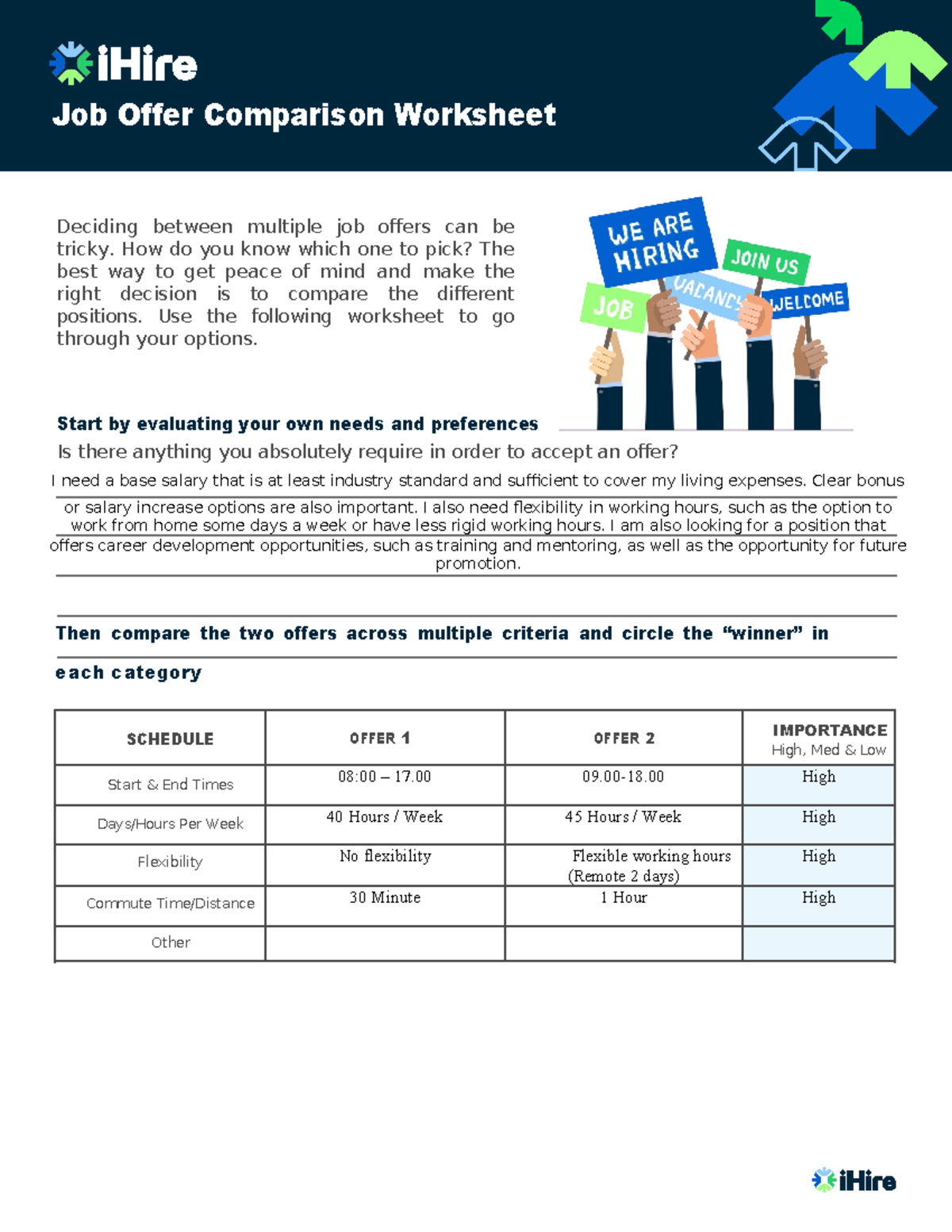 Job comparison tips - adalah - Job Offer Comparison Worksheet Deciding ...