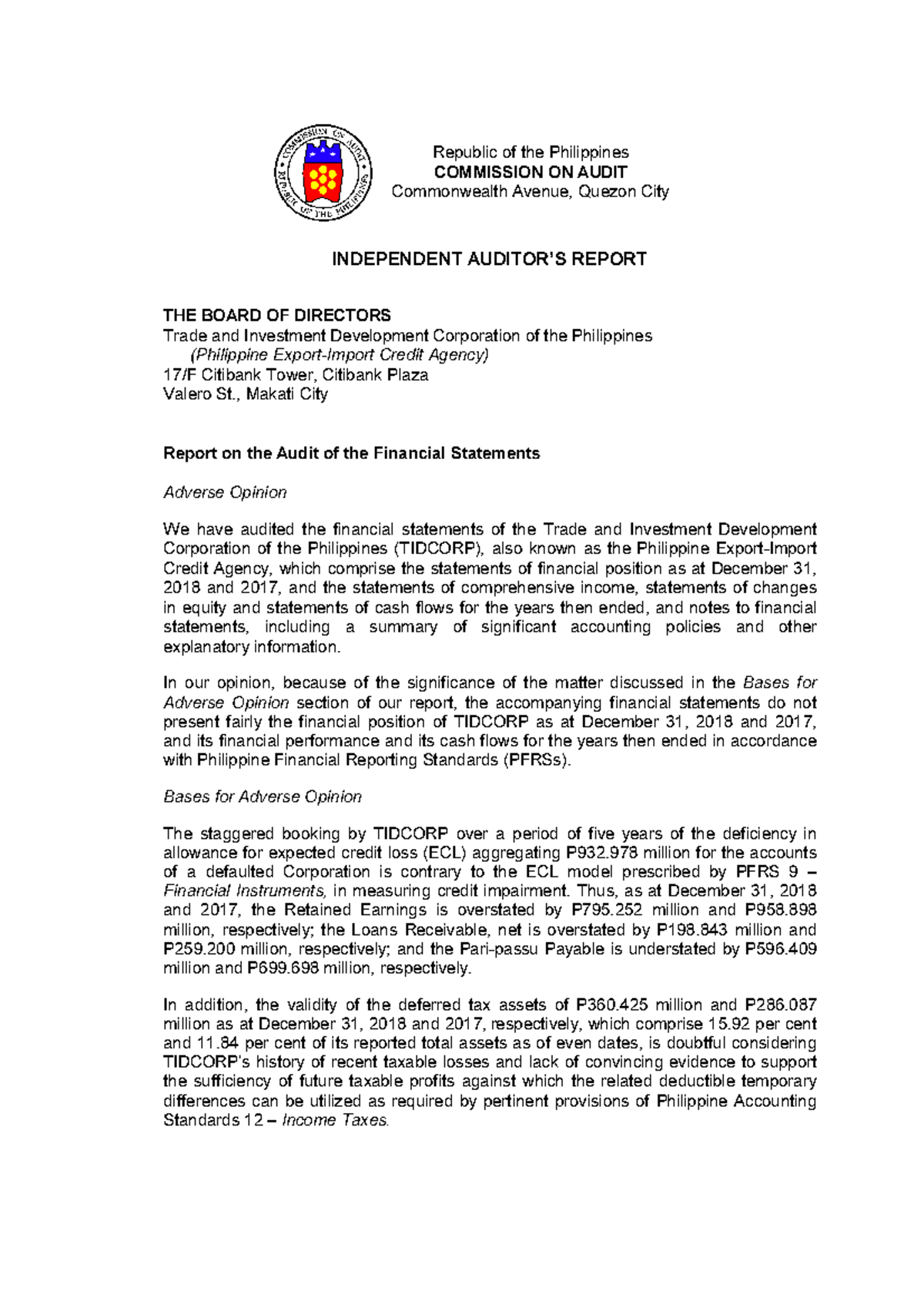 Tidcorp 2018 Audit-Report Adverse 9 - Republic of the Philippines ...