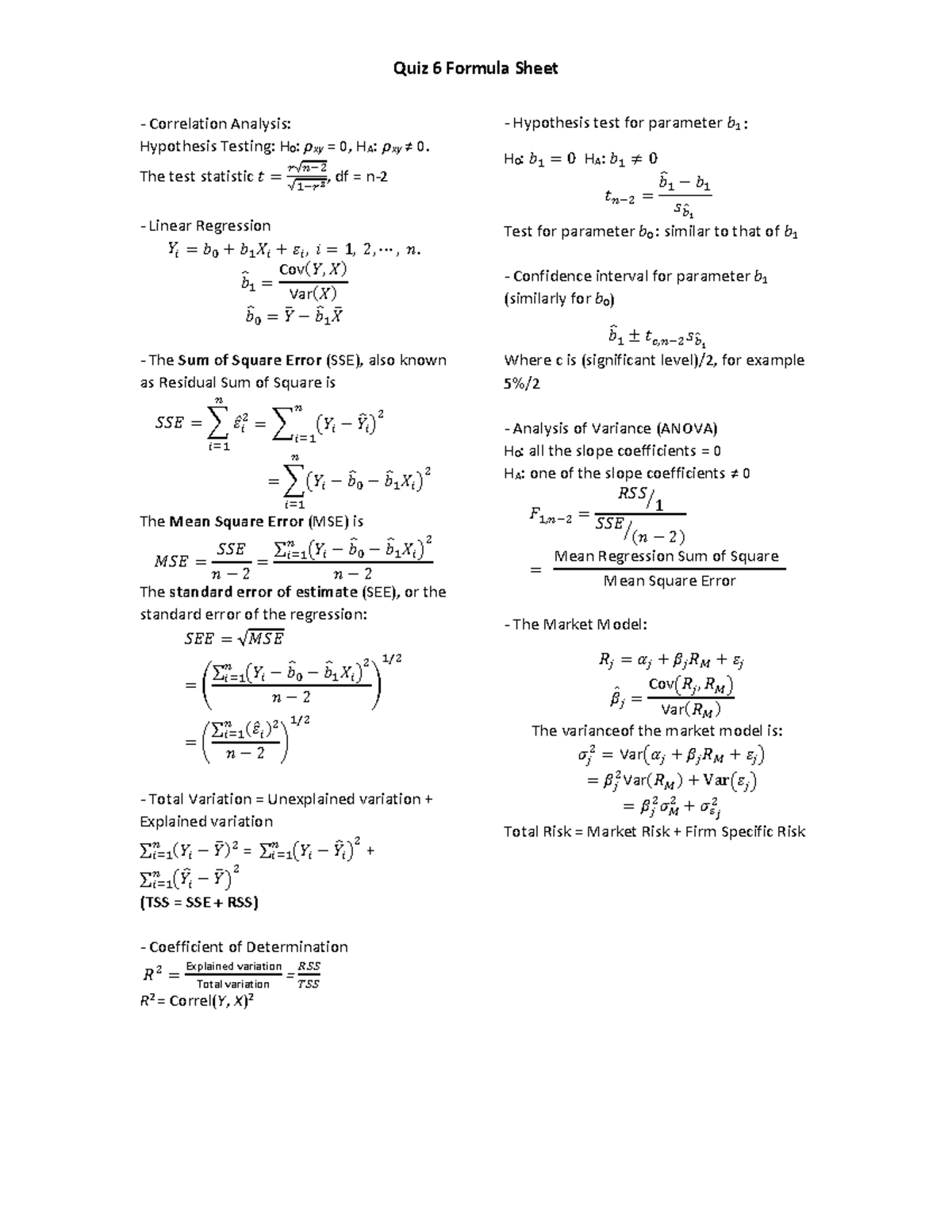 Quiz 6 formulas - Assignments - Quiz 6 Formula Sheet Correlation ...