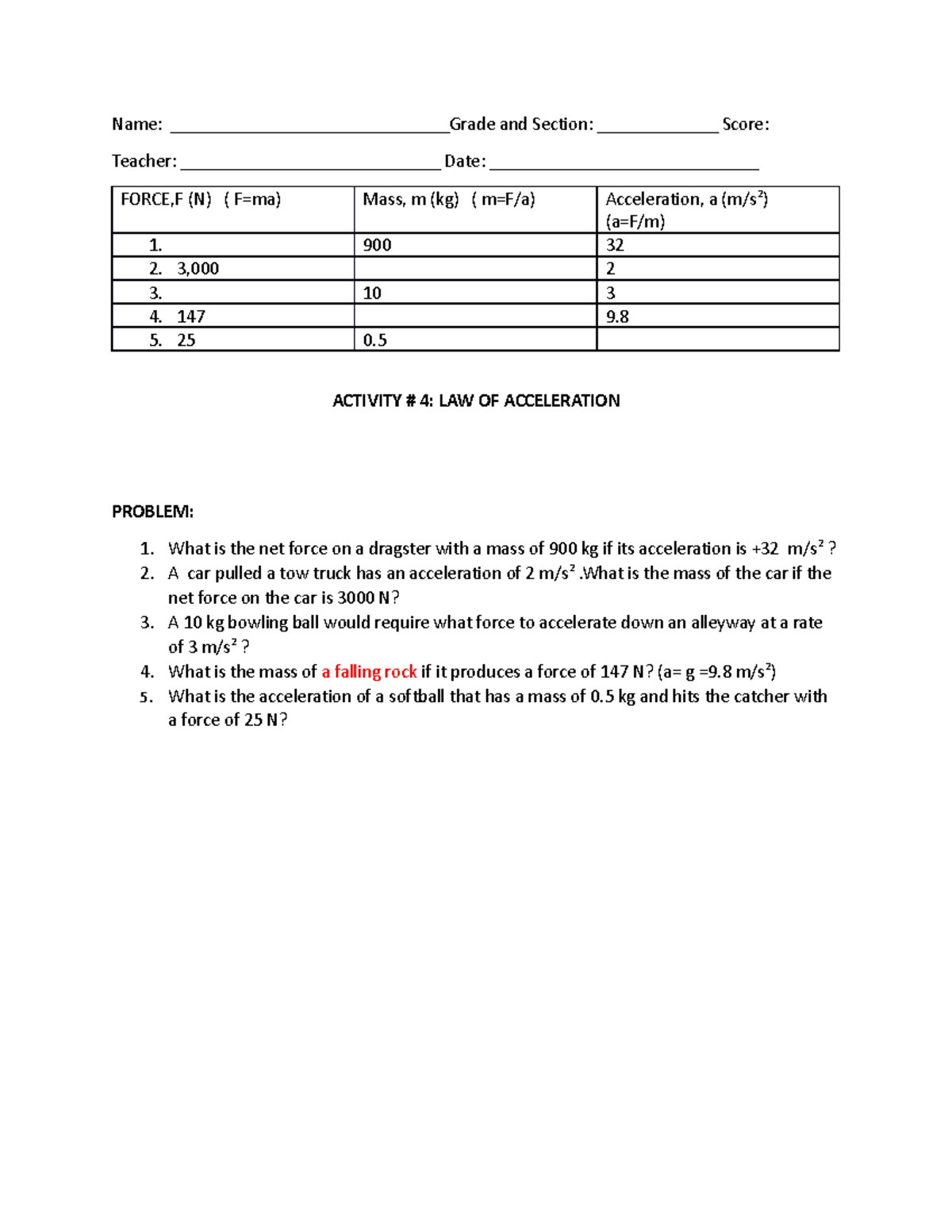LAW OF Acceleration Activity - Name ...