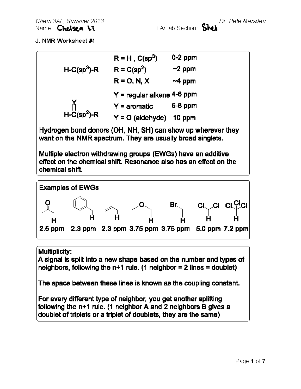 J - nmr worksheet 1 - Name: _______________________________TA/Lab Section ...