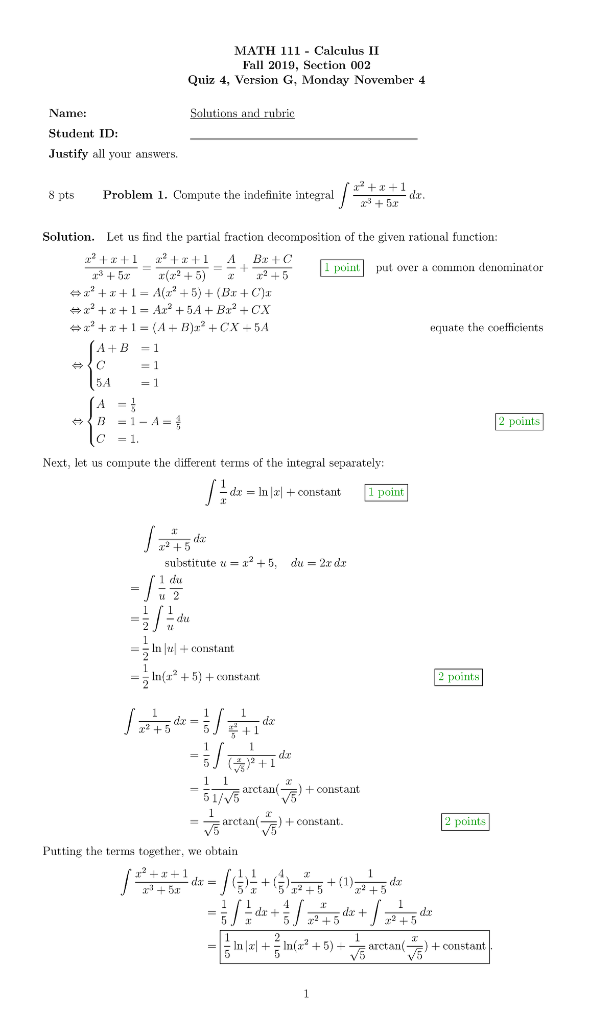 Math111Quiz4Solutions - MATH 111 - Calculus II Fall 2019, Section 002 ...