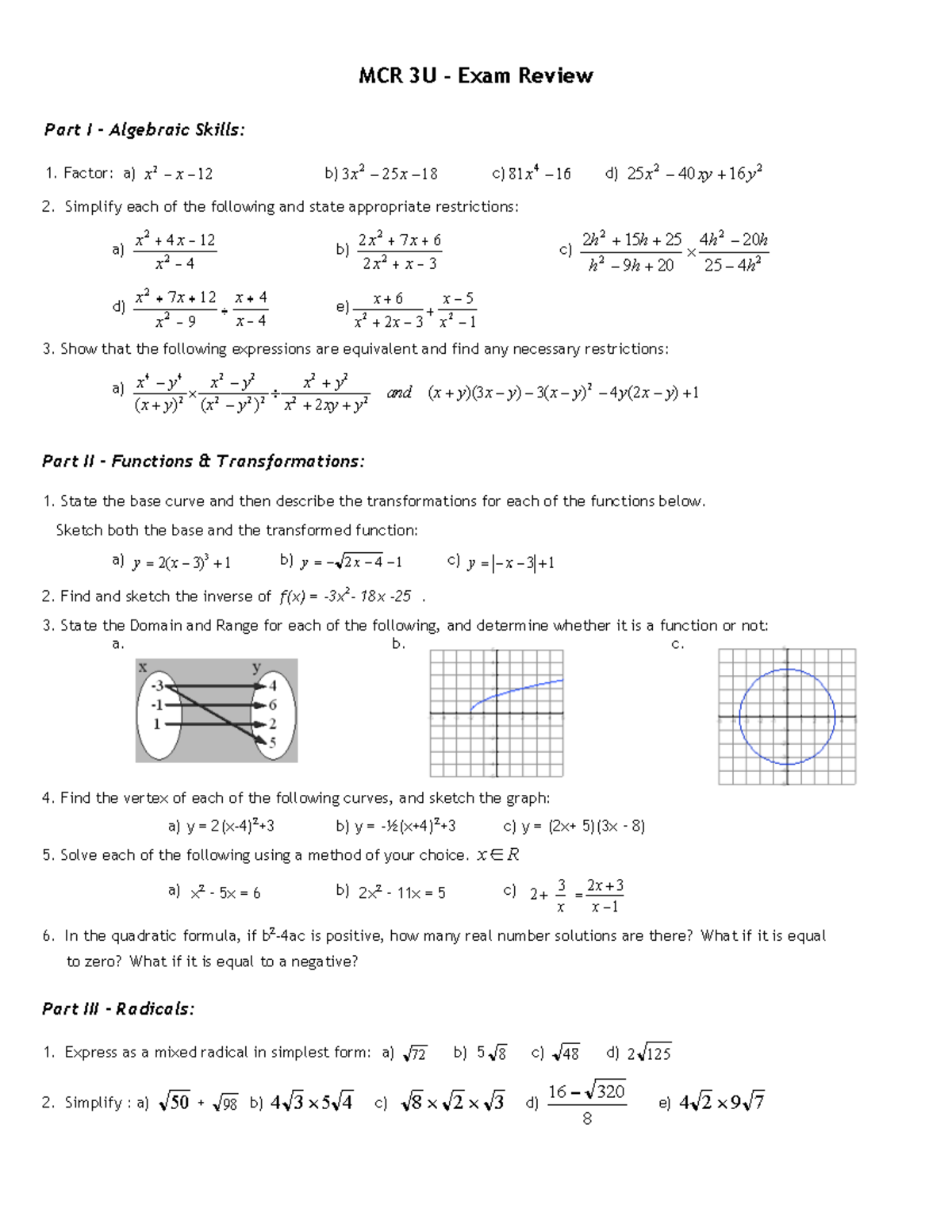 3u exam review - 2018 - mats - MCR 3U - Exam Review Part I – Algebraic ...