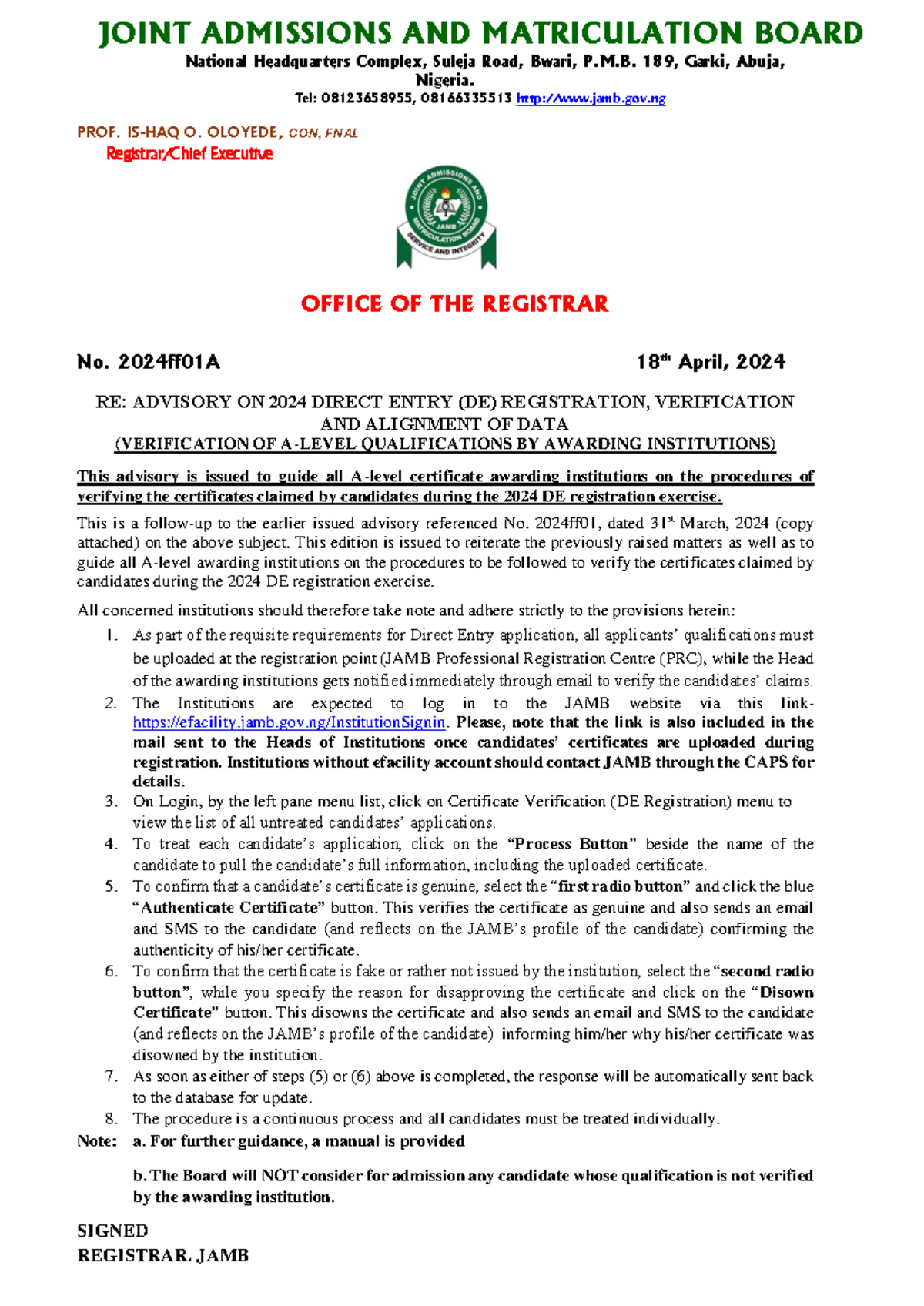 Advisory:Manual - JOINT ADMISSIONS AND MATRICULATION BOARD ...