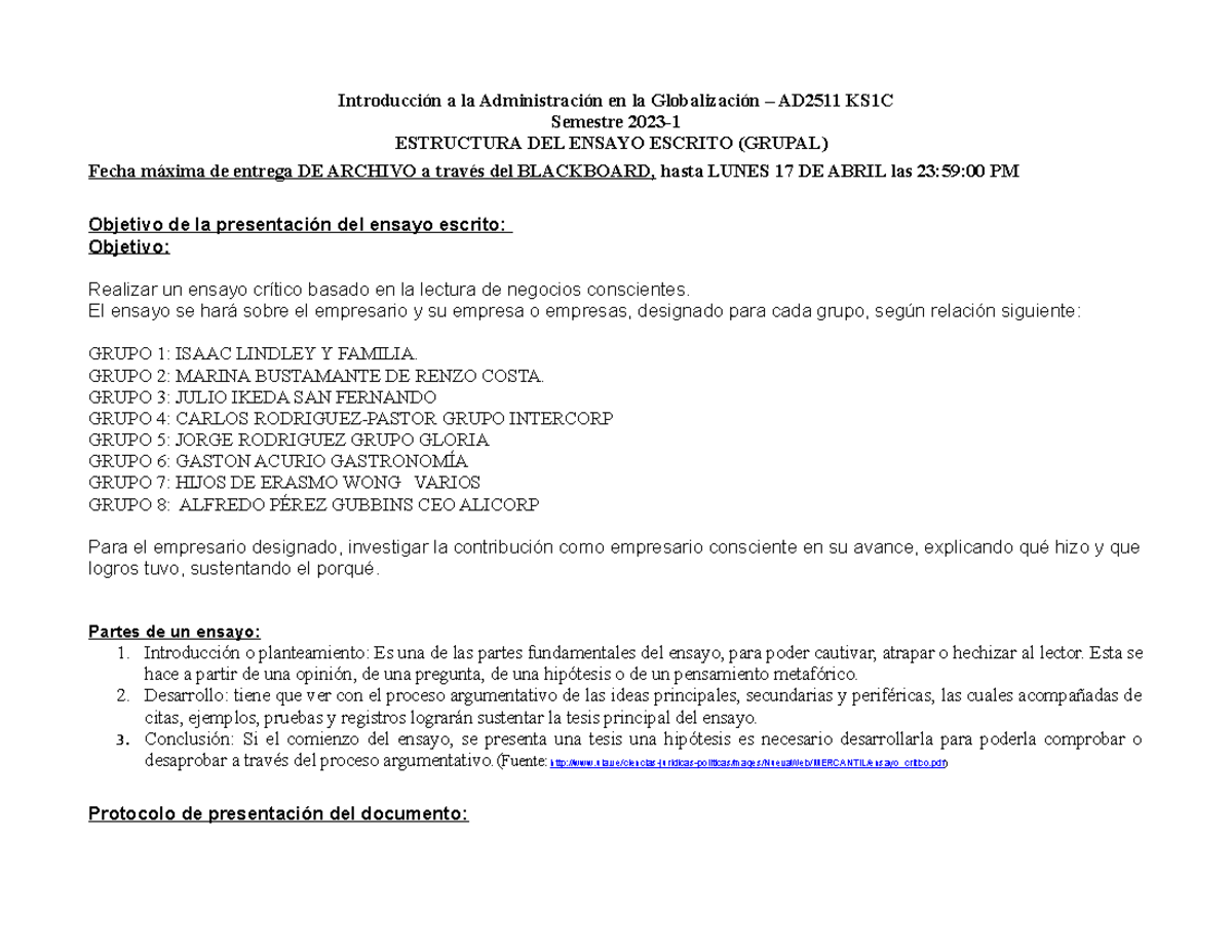 Estructura Y Rúbrica DEL Ensayo TB1 AD2511 2023 1 KS1C - Introducción a ...