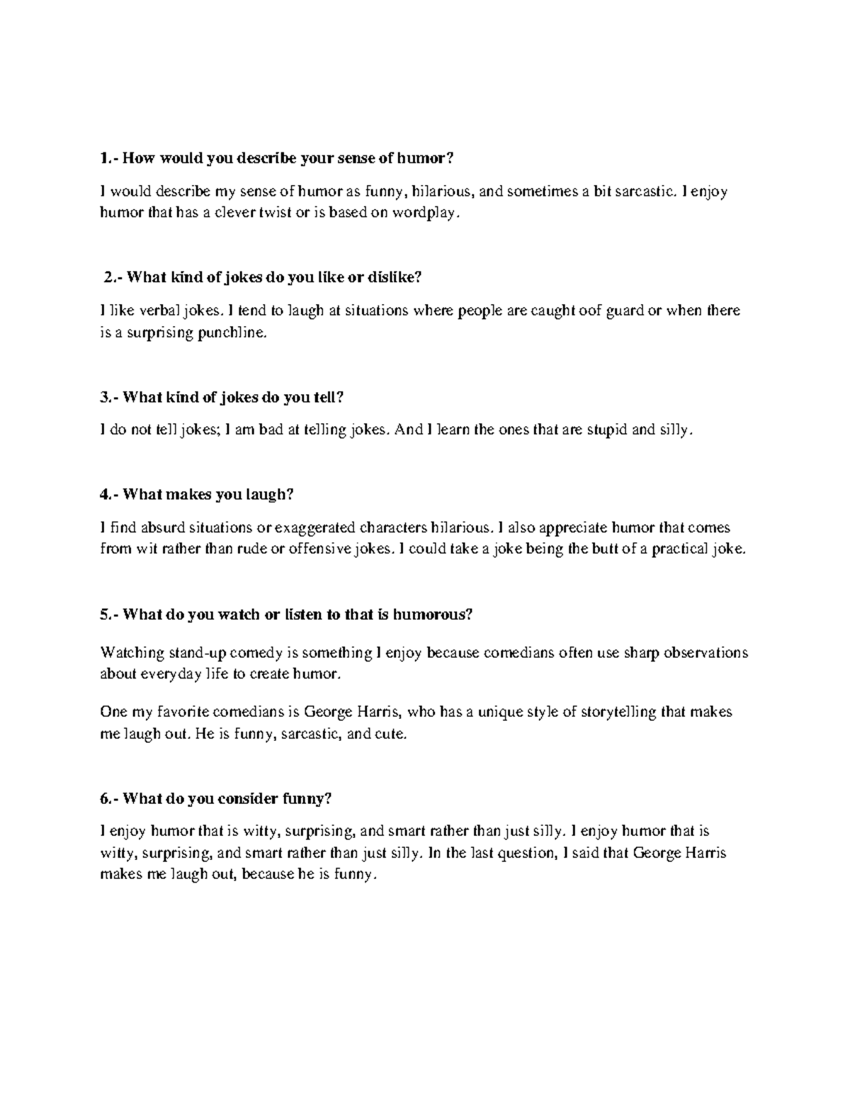 UNIT 5 Assessment Humor - 1.- How would you describe your sense of ...