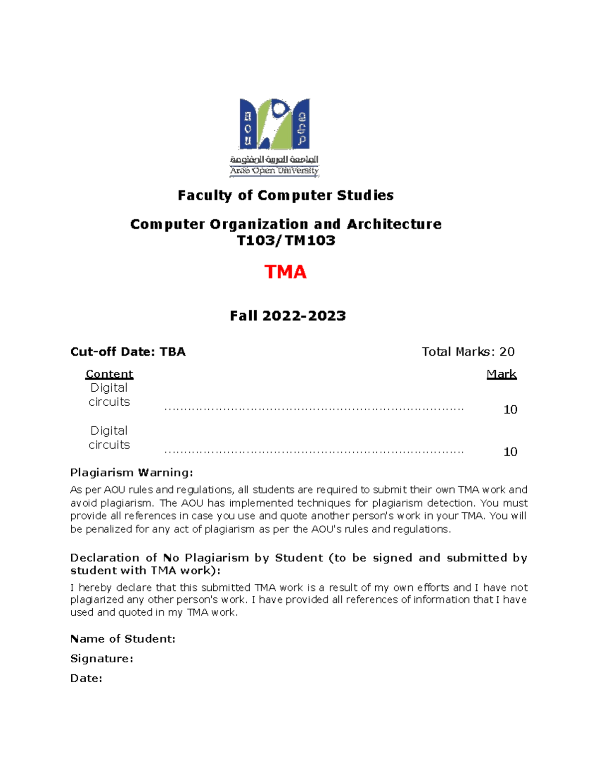 T103 TM103-TMA-Others-FA23 - Faculty of Computer Studies Computer ...