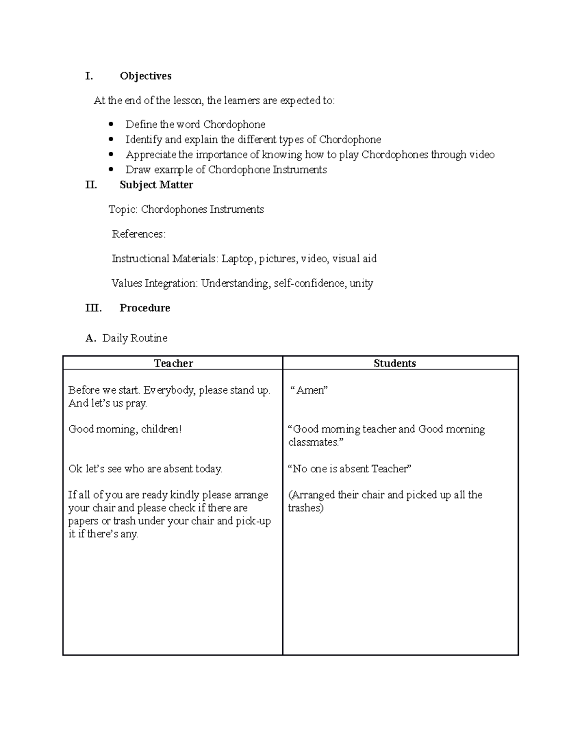 Lesson plan chordophones - I. Objectives At the end of the lesson, the ...