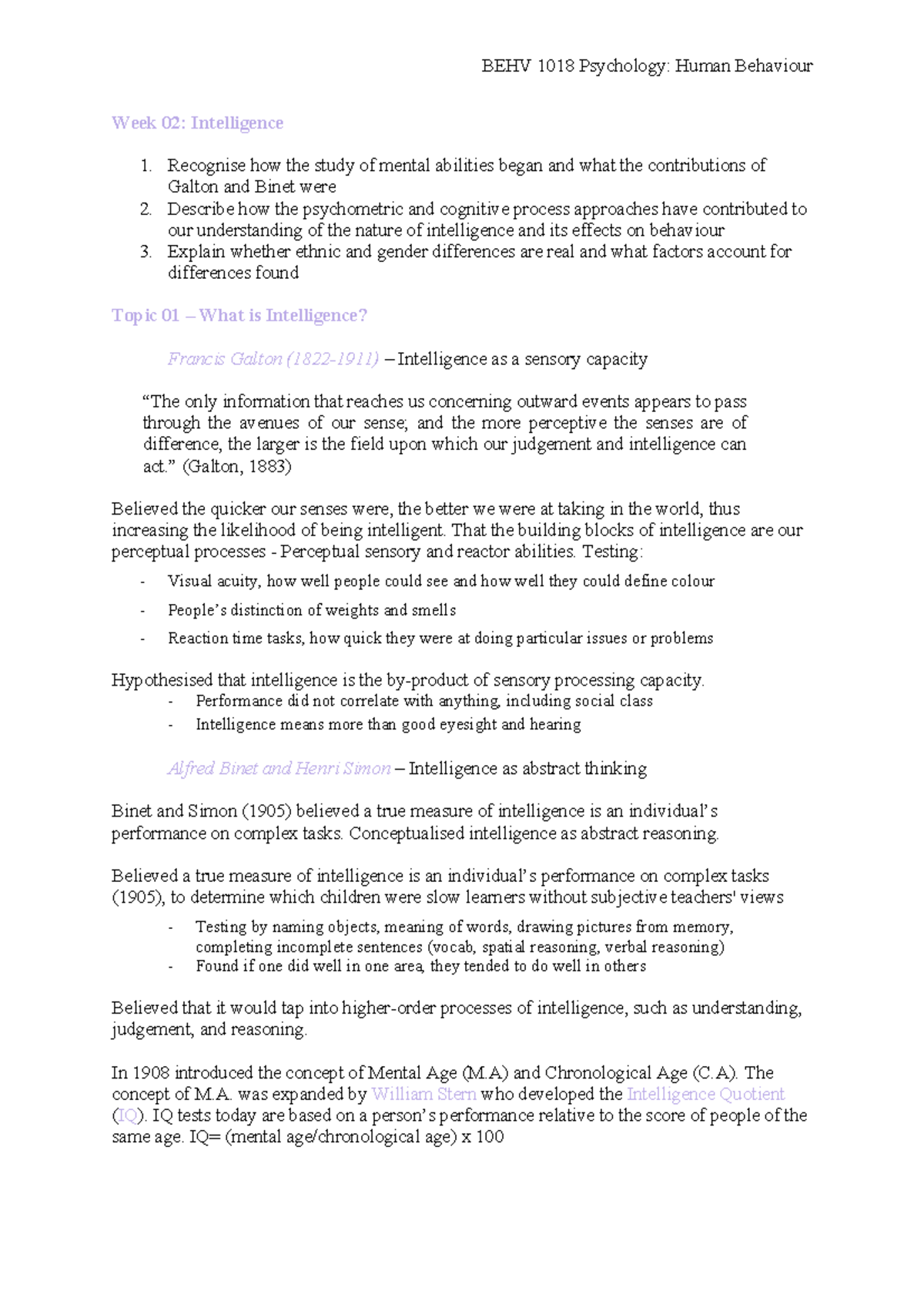 Behv1018 Psychology Human Behaviour Week 2 Lecture Notes Behv 1018