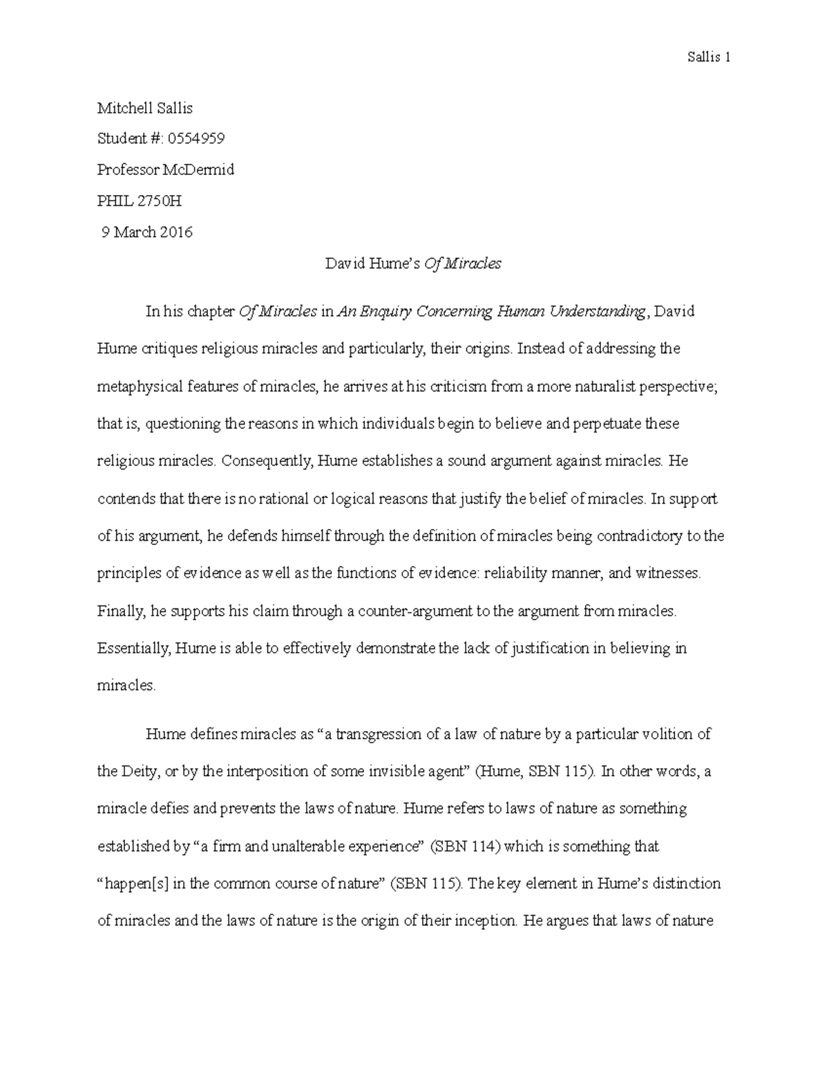 PHIL Mini Essay 3 - Grade: A - Sallis 1 Mitchell Sallis Student ...