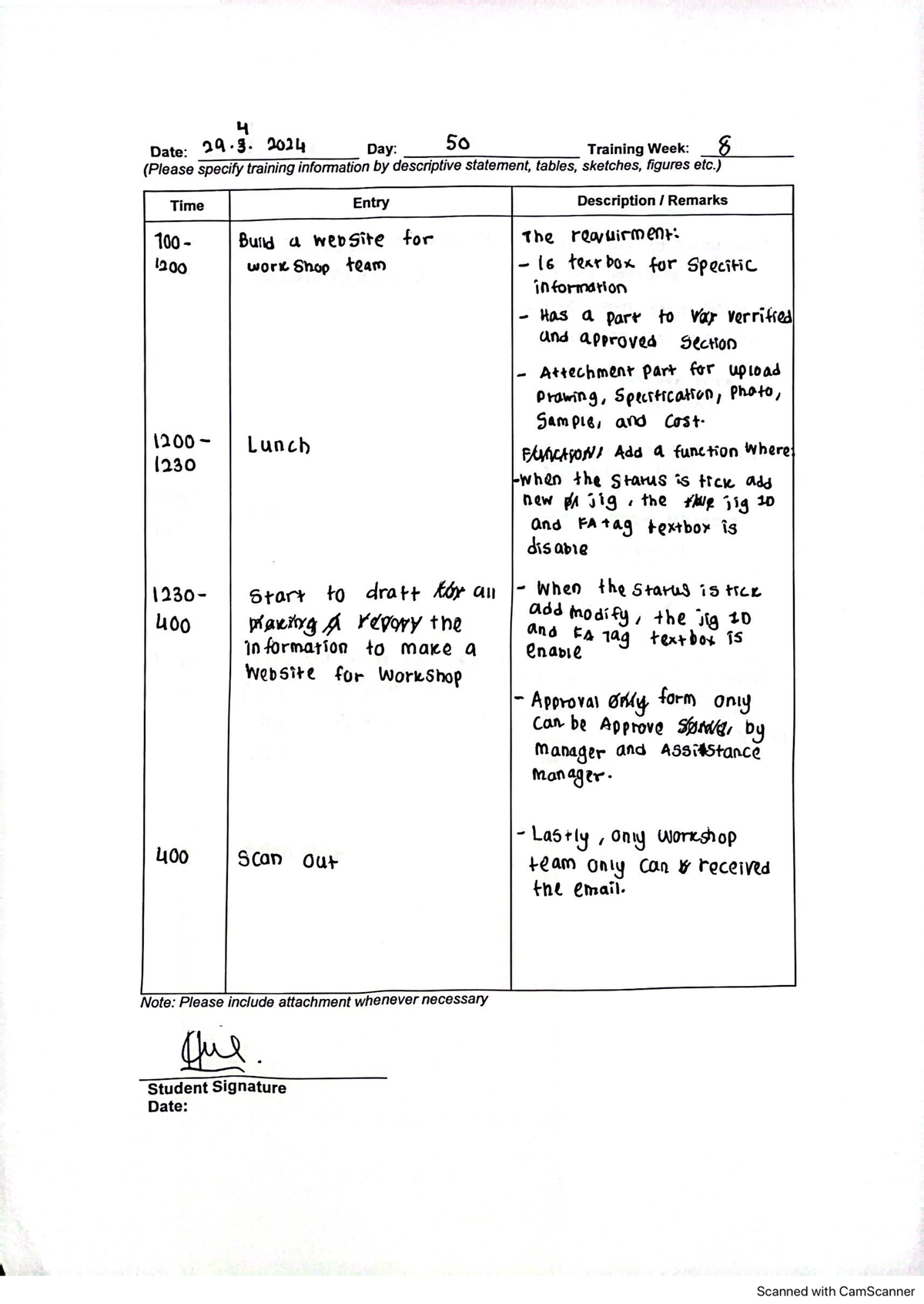 The "Industrial Training Logbook" records daily tasks, progress ...