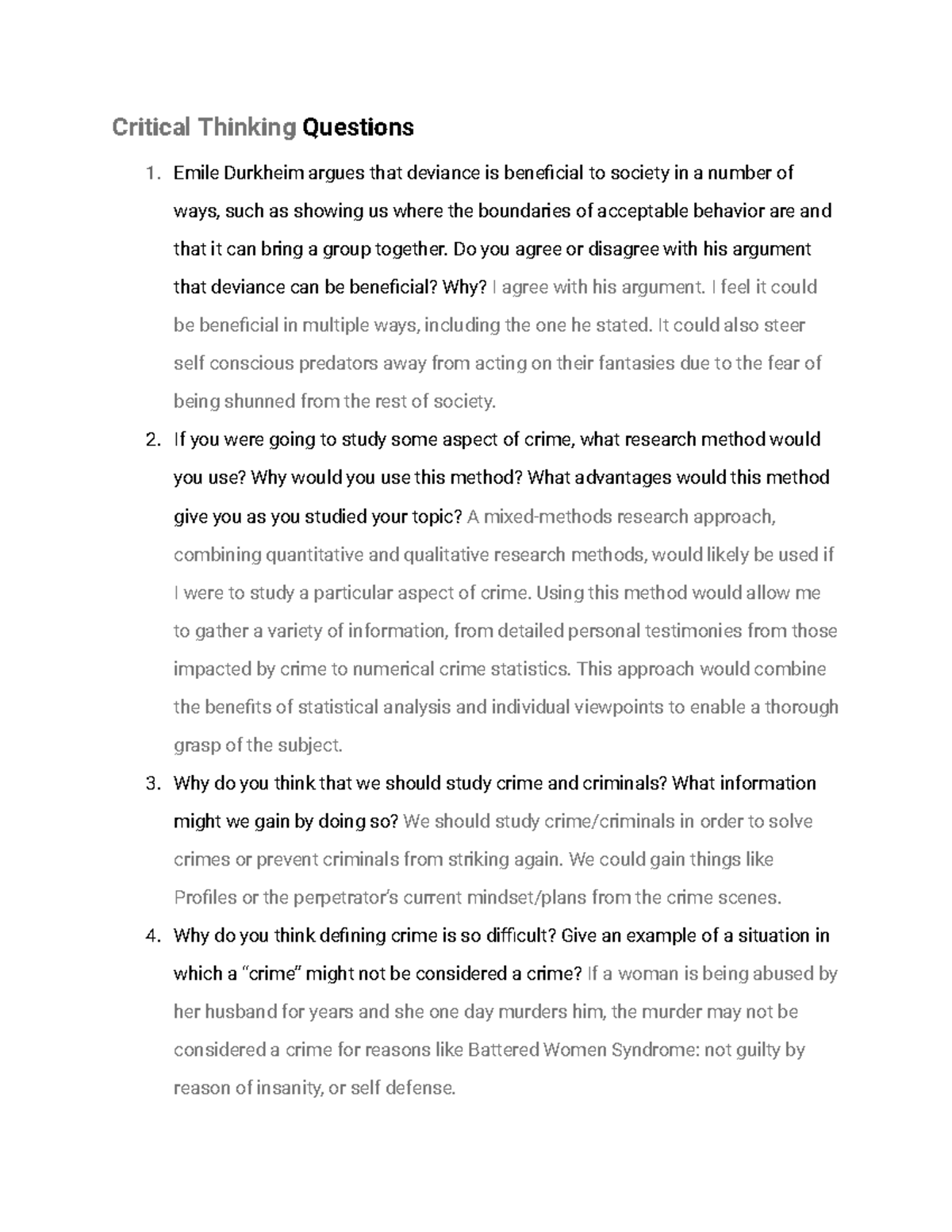 Criminology Unit 1 Critical Thinking Questions - Critical Thinking ...