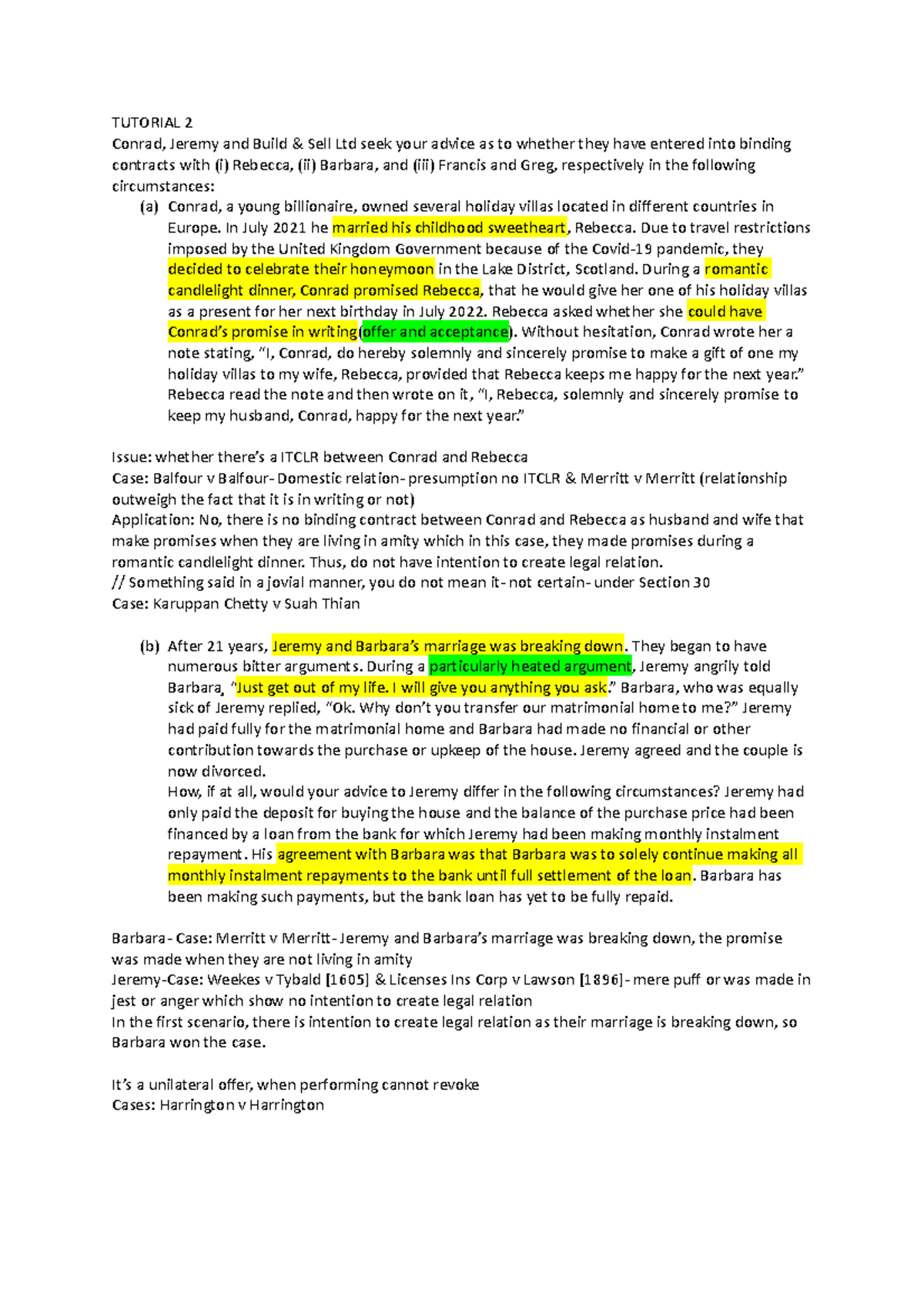 Contract Law Tuto 2 - TUTORIAL 2 Conrad, Jeremy and Build & Sell Ltd seek your advice as to ...