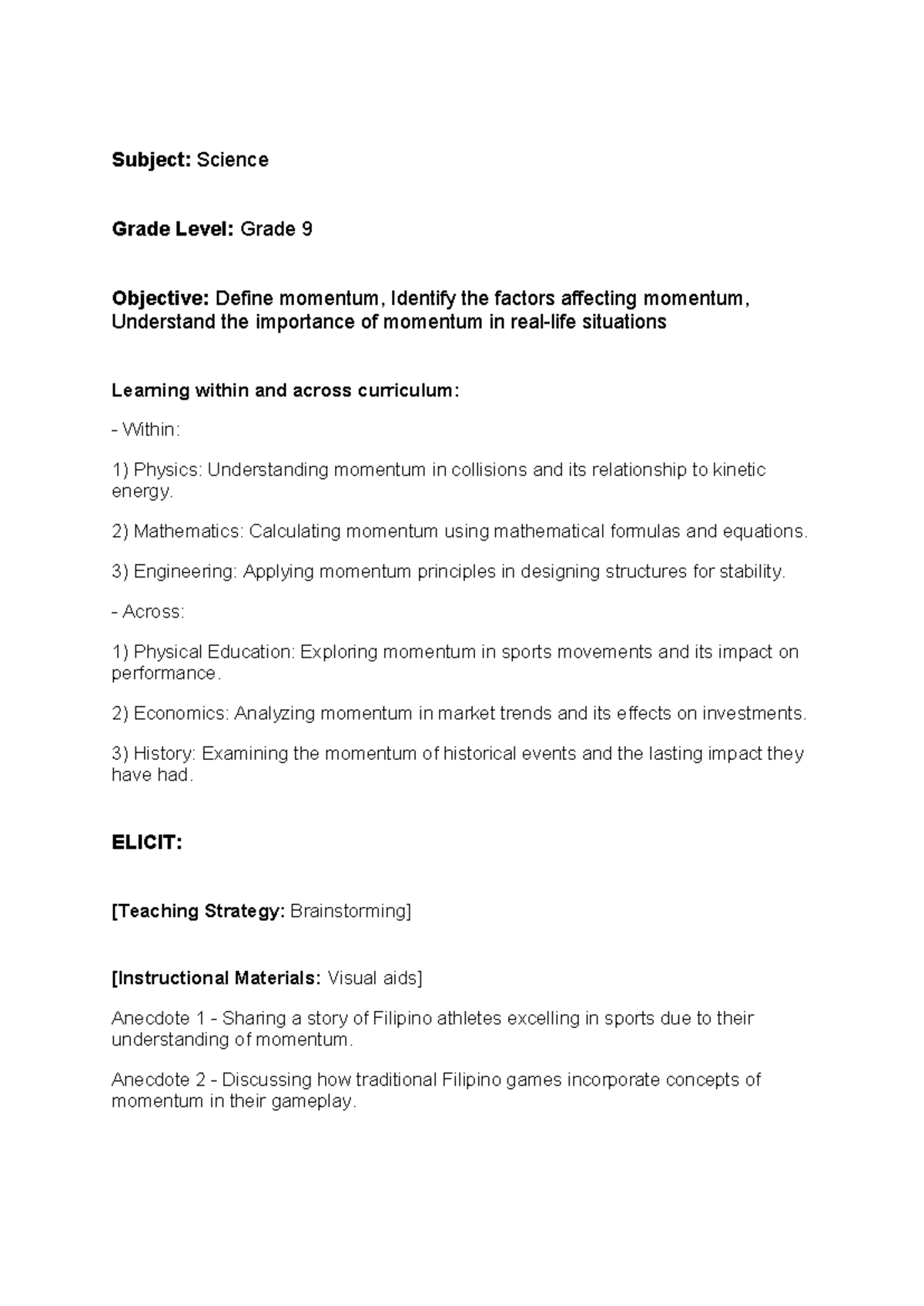 Grade 9 7E Lesson Plan - Subject: Science Grade Level: Grade 9 ...
