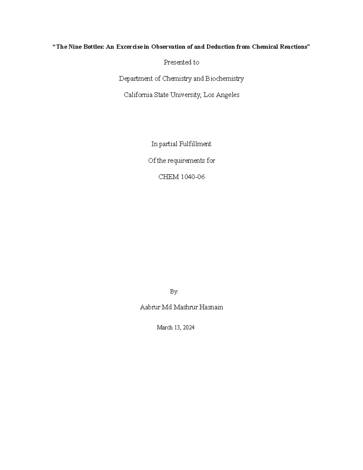 Lab Report nine bottles - “The Nine Bottles: An Excercise in ...