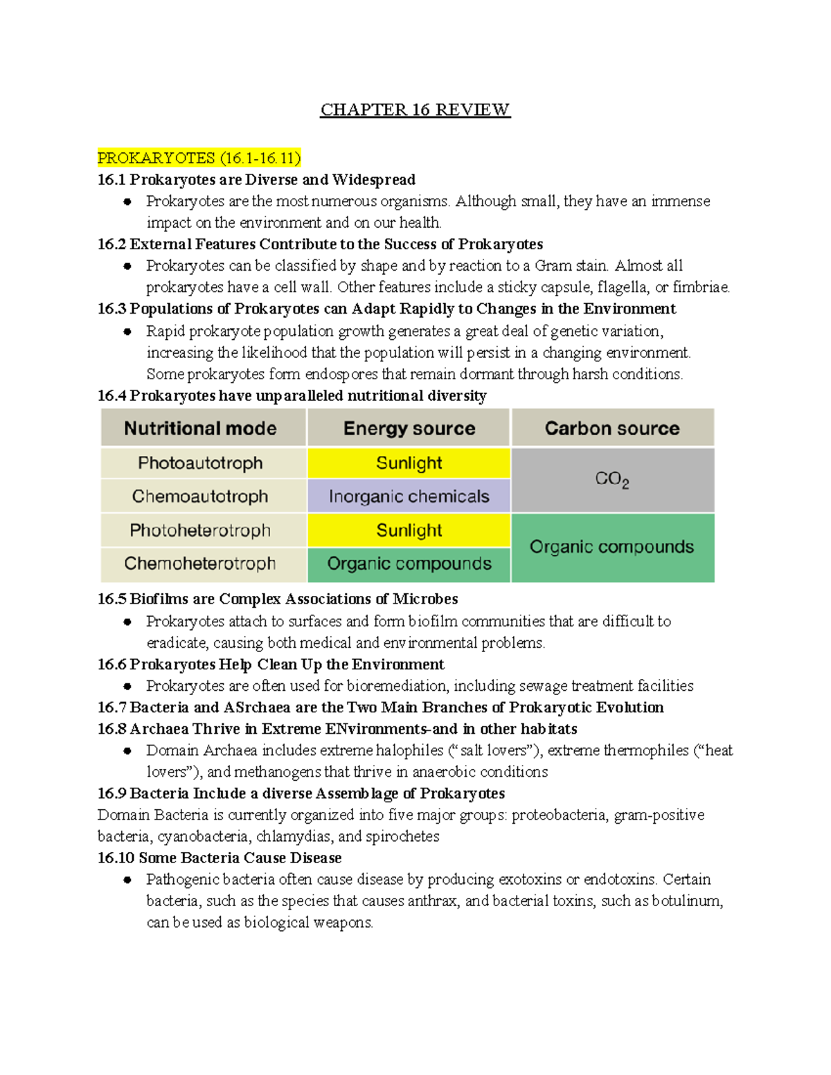 Chapter 16 Textbook Review - CHAPTER 16 REVIEW PROKARYOTES (16.1-16) 16 ...