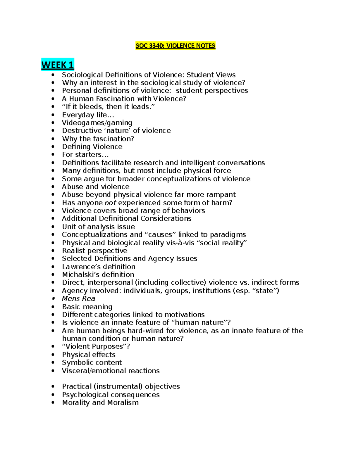 SOC 3340 Final EXAM Notes - SOC 3340: VIOLENCE NOTES WEEK 1 ...