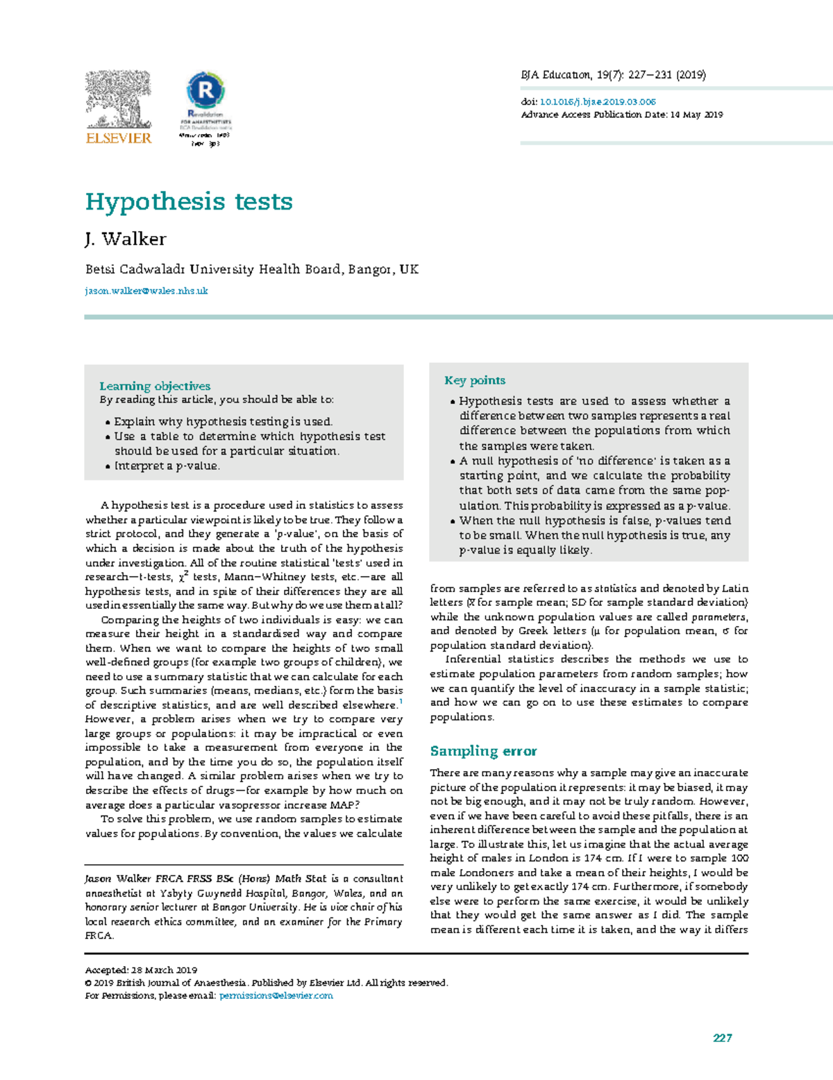 Hypothesis tests uk - Hypothesis tests J. Walker Betsi Cadwaladr ...