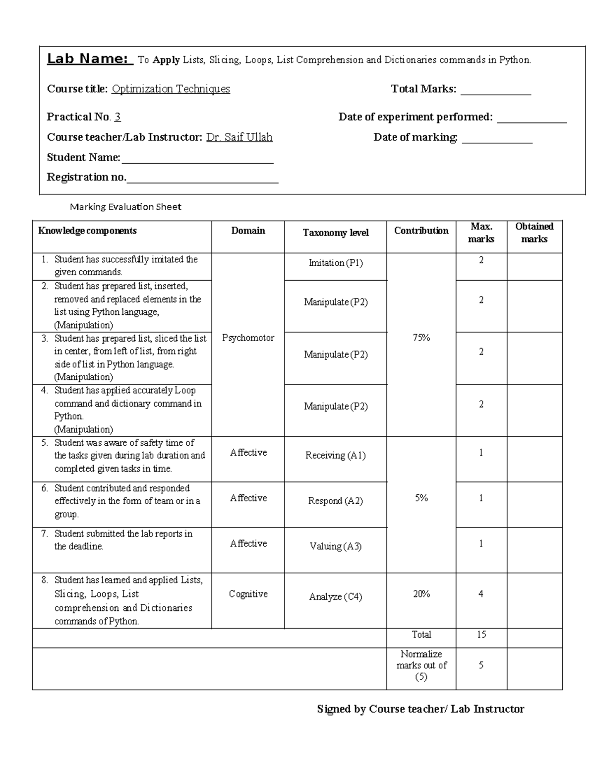 OT LAB 3 - Lab manual - Marking Evaluation Sheet ####### Knowledge ...