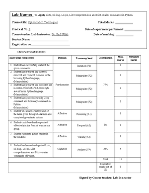 OT LAB 12 - Lab manual - Marking Evaluation Sheet Knowledge components Domain Taxonomy level ...