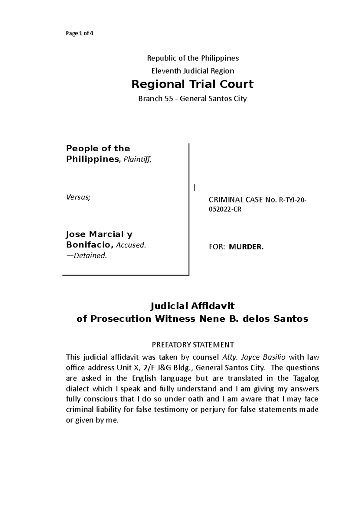 Legal Counselling - Eye Witness - Republic of the Philippines Eleventh ...