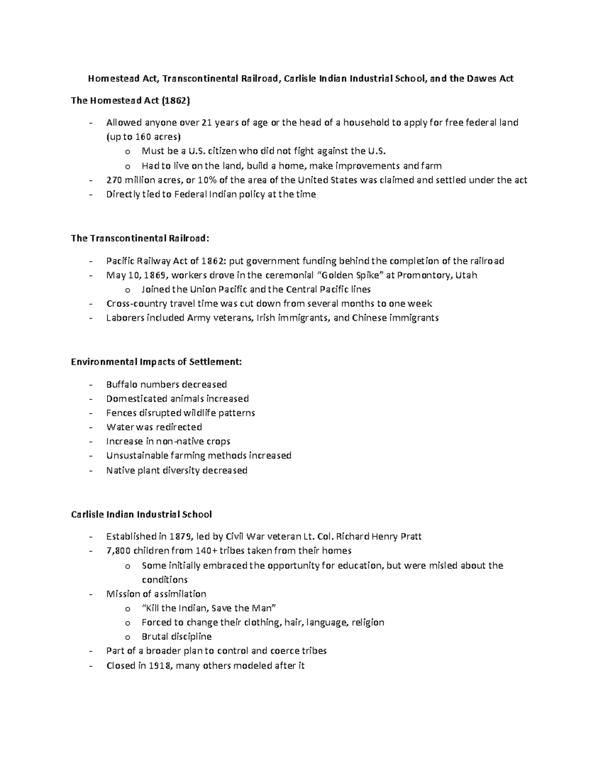 Homestead Act, Transcontinental Railroad, Carlisle Indian Industrial ...