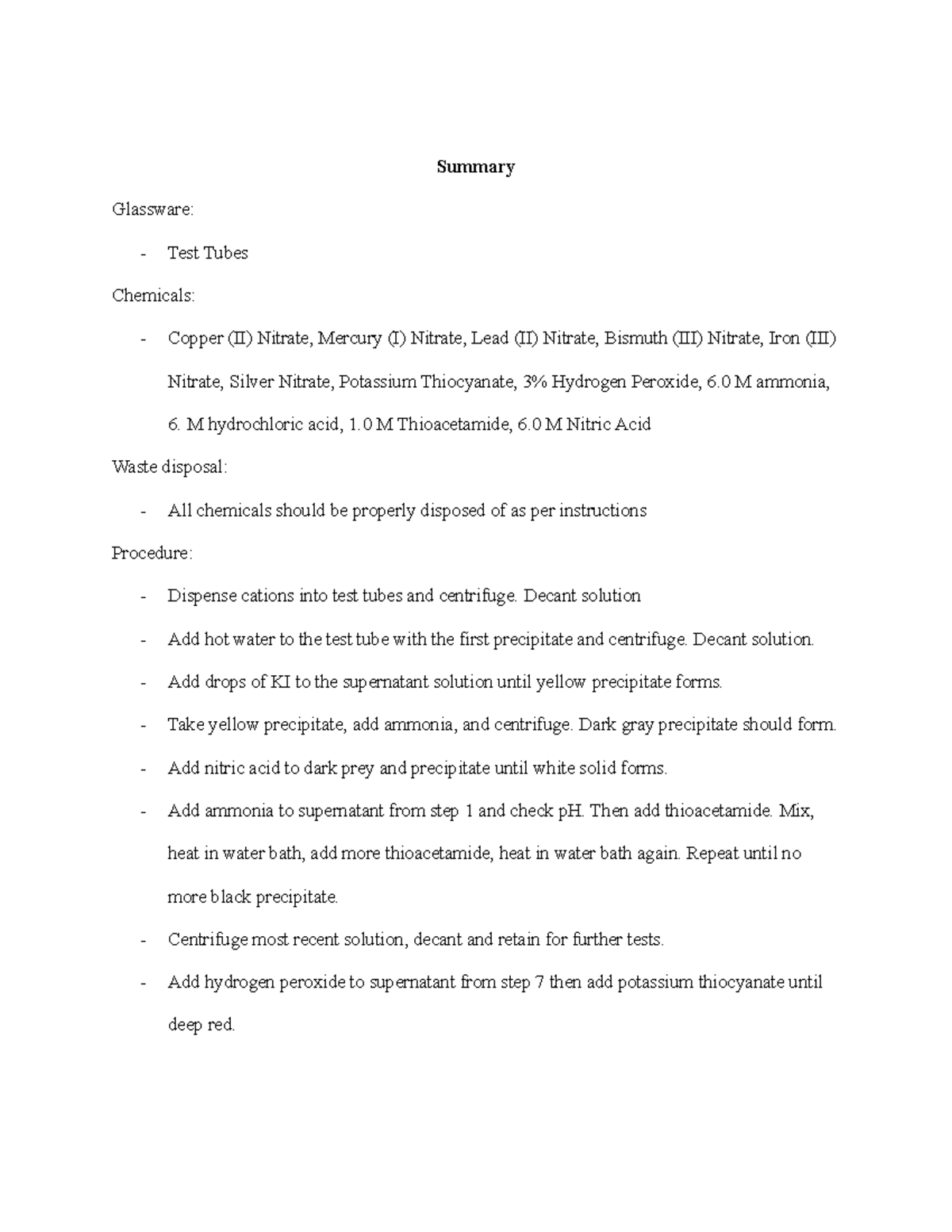 Chemistry Lab 4 Summary - Summary Glassware: Test Tubes Chemicals ...