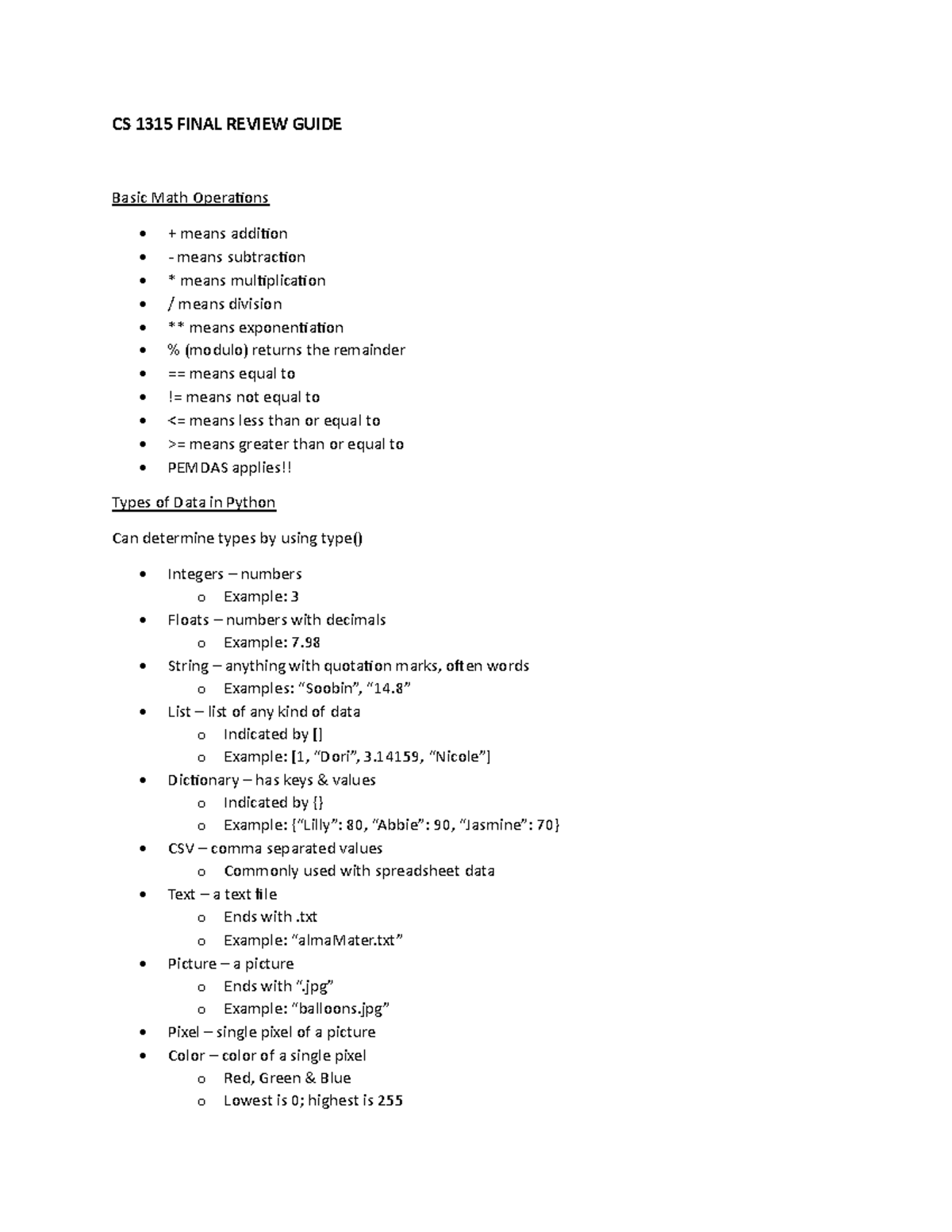 CS 1315 Final Review Guide - CS 1315 FINAL REVIEW GUIDE Basic Math ...