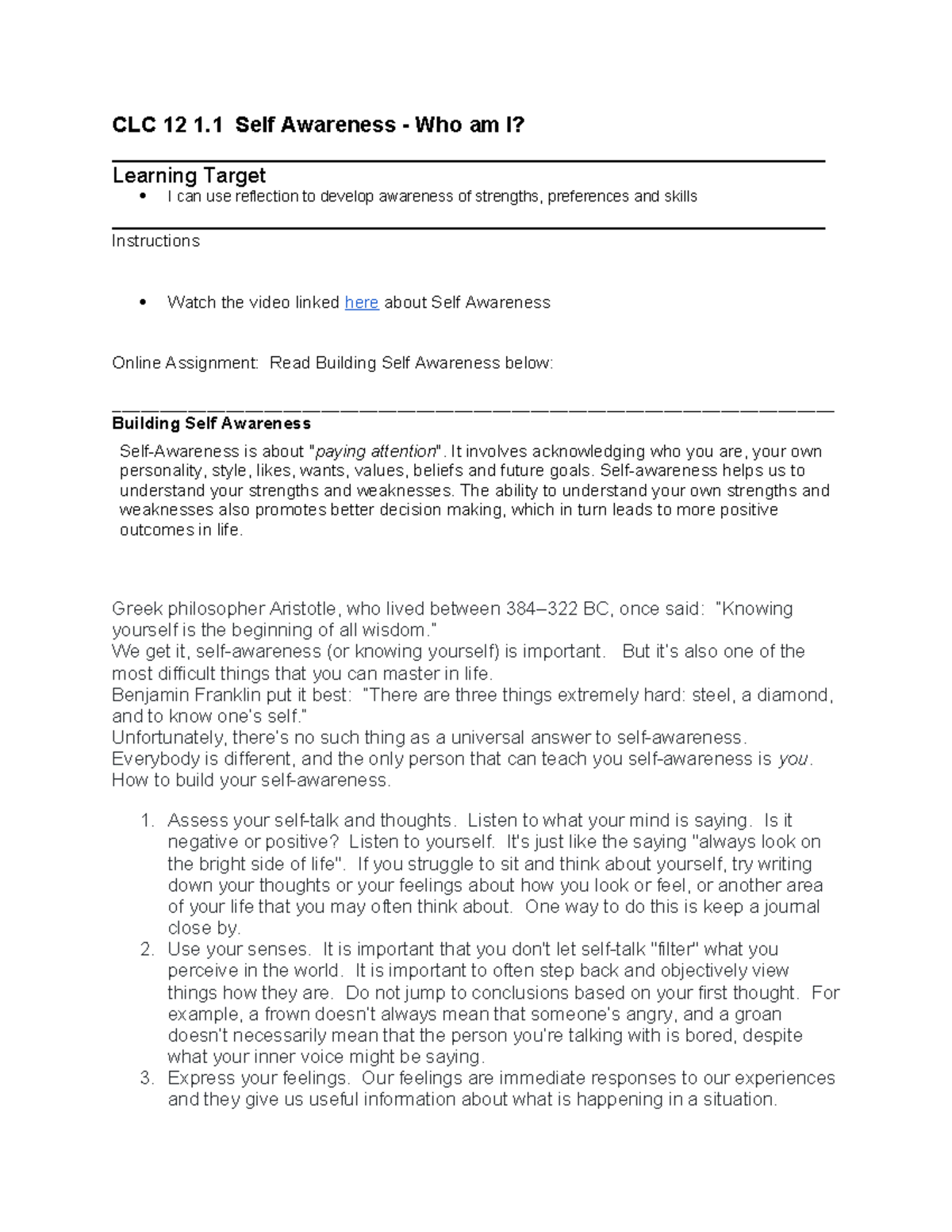 CLC 12 self awareness - yep - CLC 12 1 Self Awareness - Who am I? - Studocu
