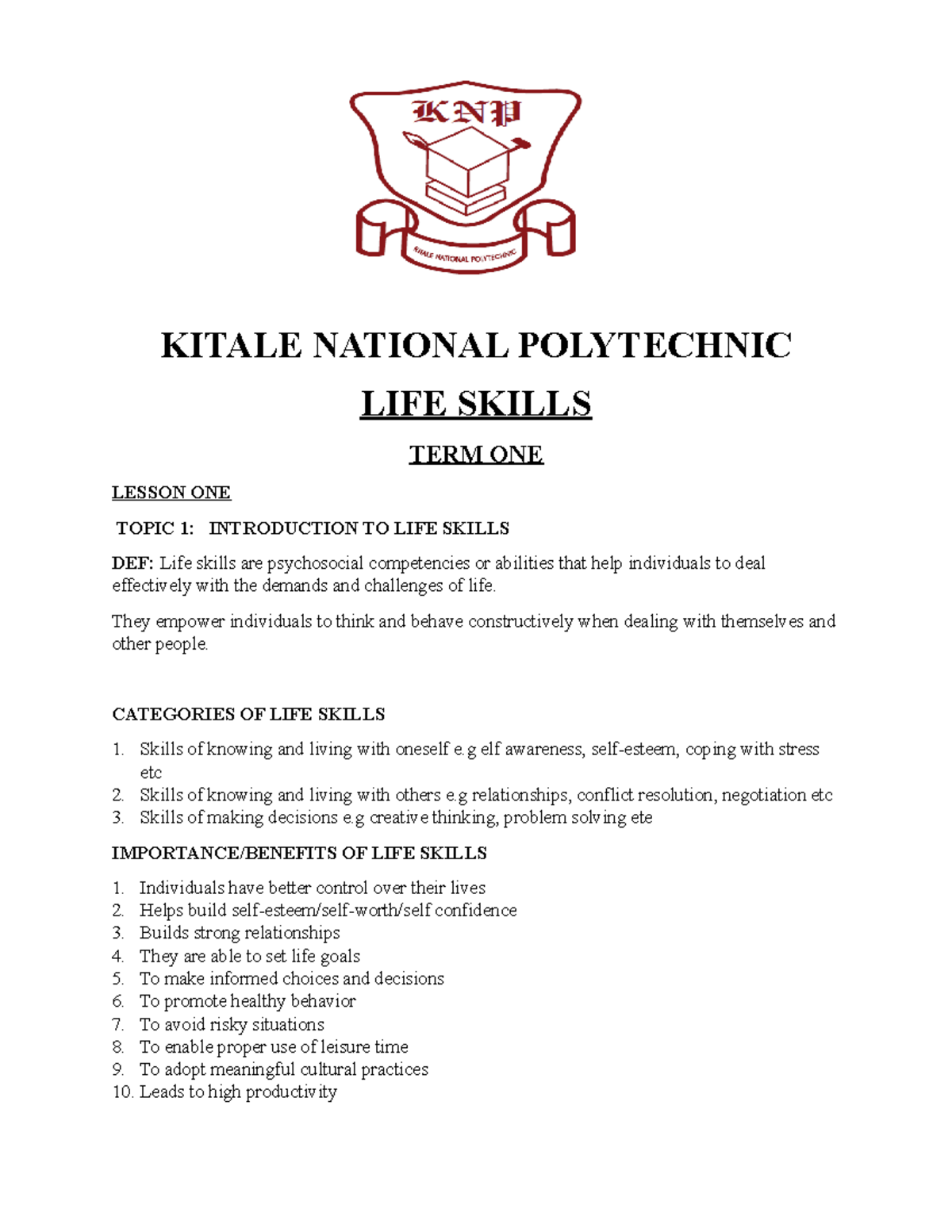 Lifeskills Lessons - Amazing - KITALE NATIONAL POLYTECHNIC LIFE SKILLS ...
