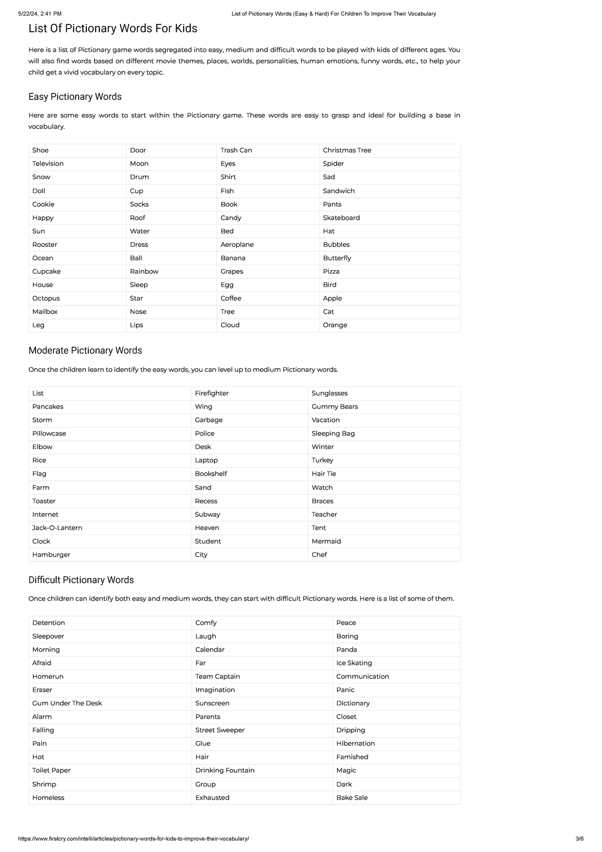 List of Pictionary Words (Easy & Hard) For Children To Improve Their ...