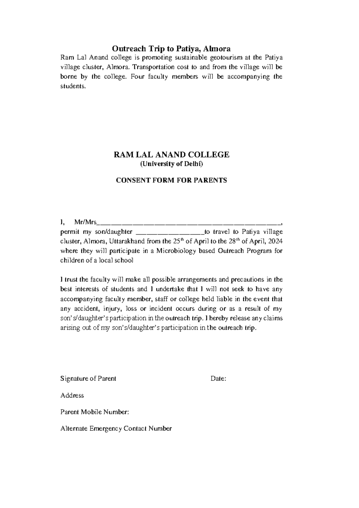 Parental Consent form and students undertaking Outreach Trip to Almora ...