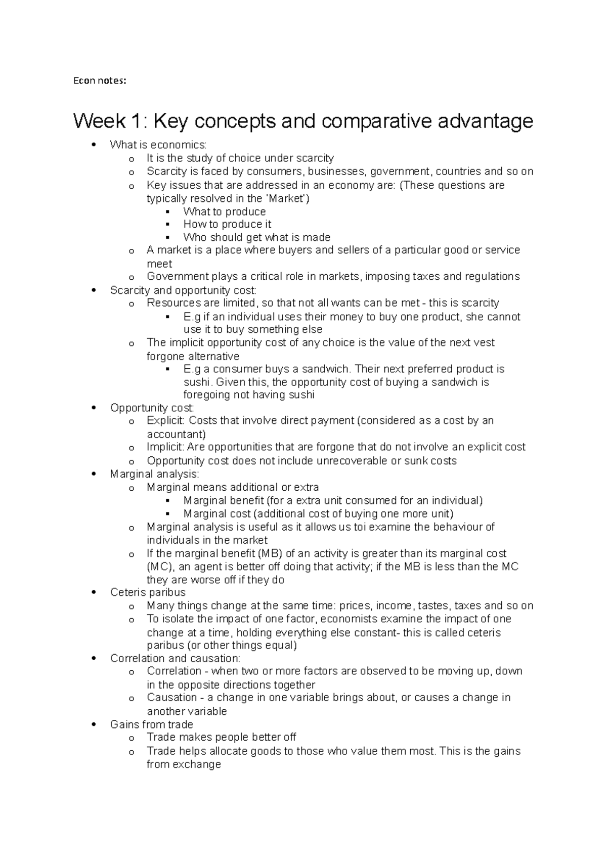 Econ notes - Econ notes: Week 1: Key concepts and comparative advantage ...