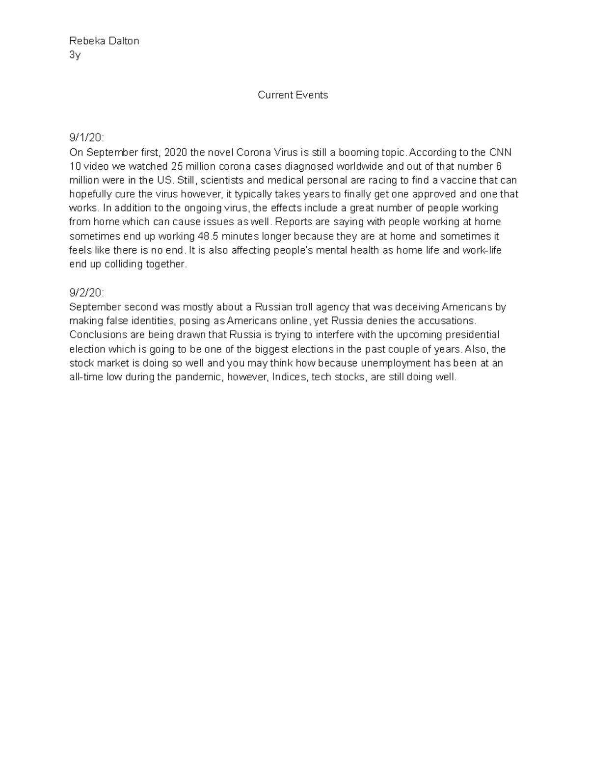 CNN Current Event Journal - Rebeka Dalton 3y Current Events 9/1/20: On ...