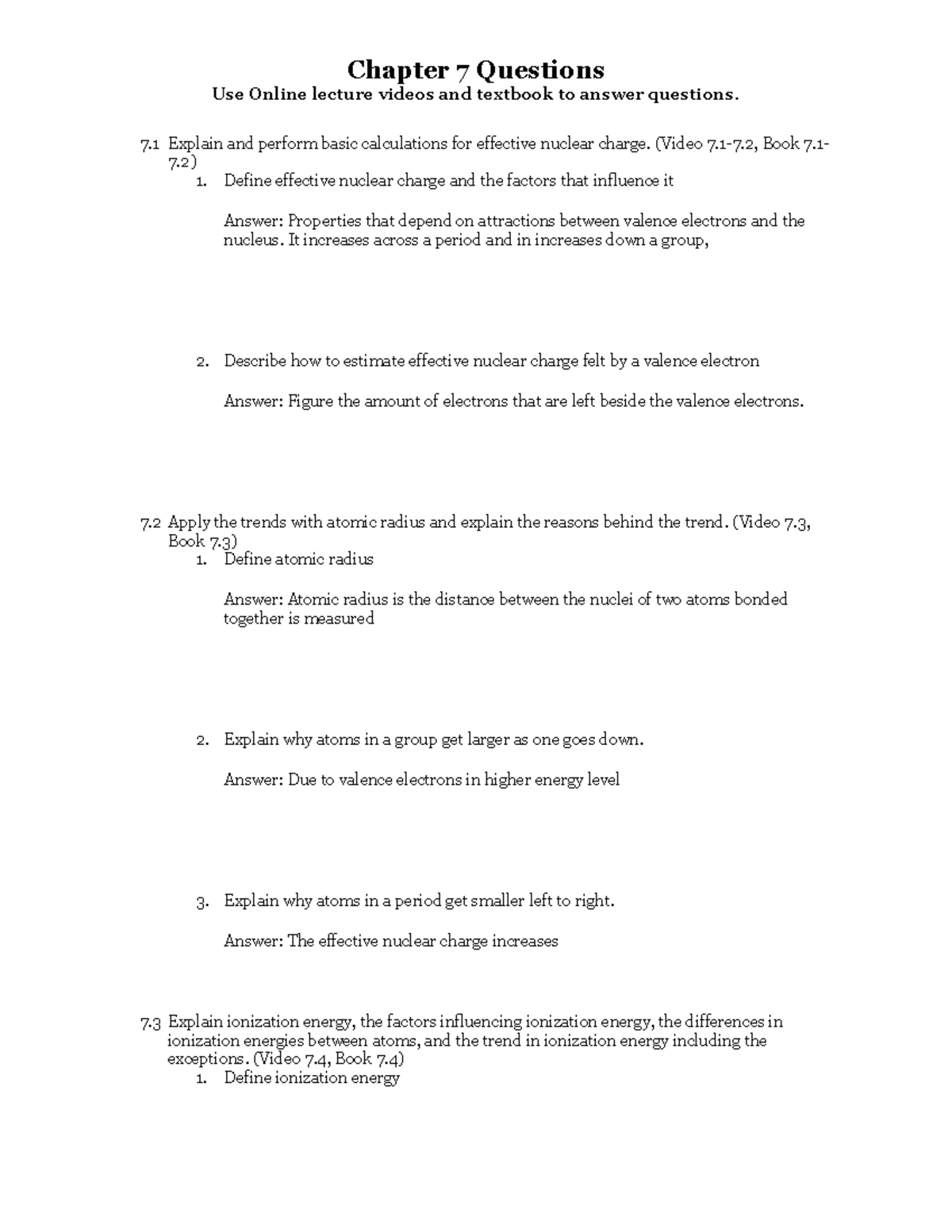 Chapter 7 Questions Sec. 7.1 to 7.4 Part 1 Due 3-24-2020 - Chapter 7 ...
