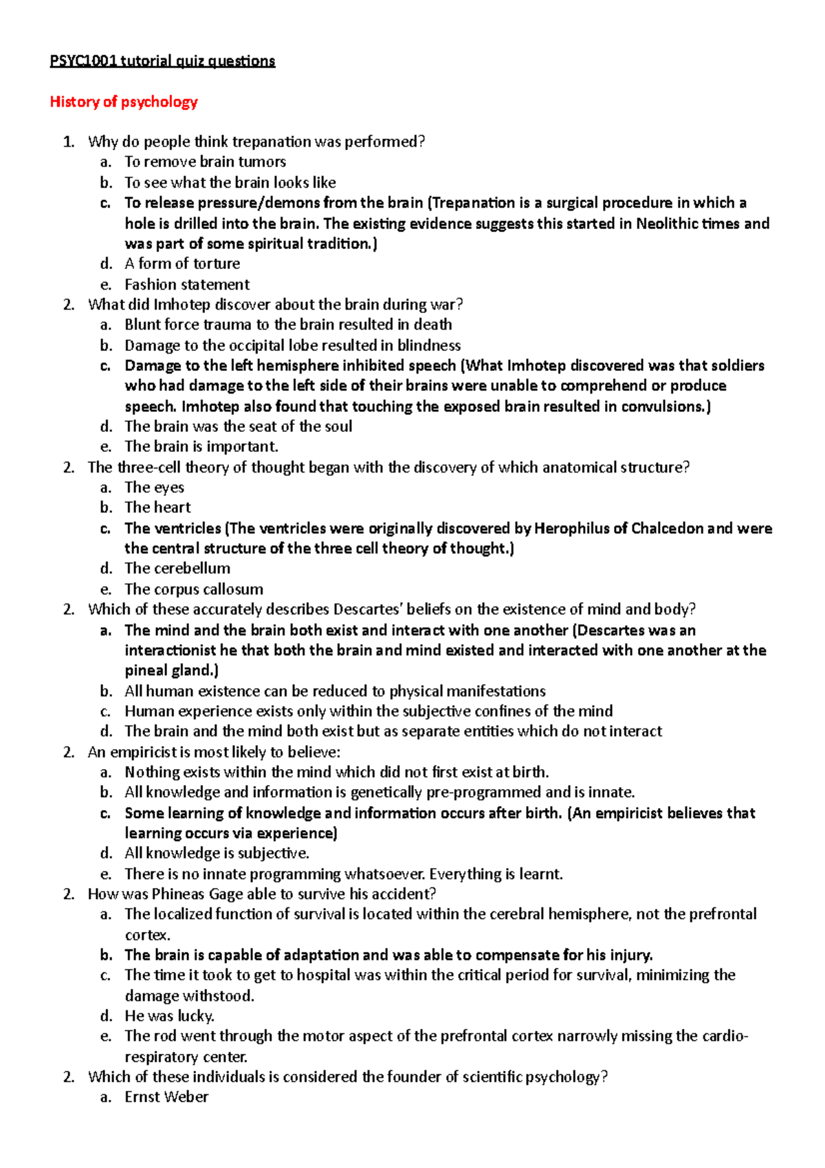 Tutorial quiz questions and answers - PSYC1001 tutorial quiz questions ...