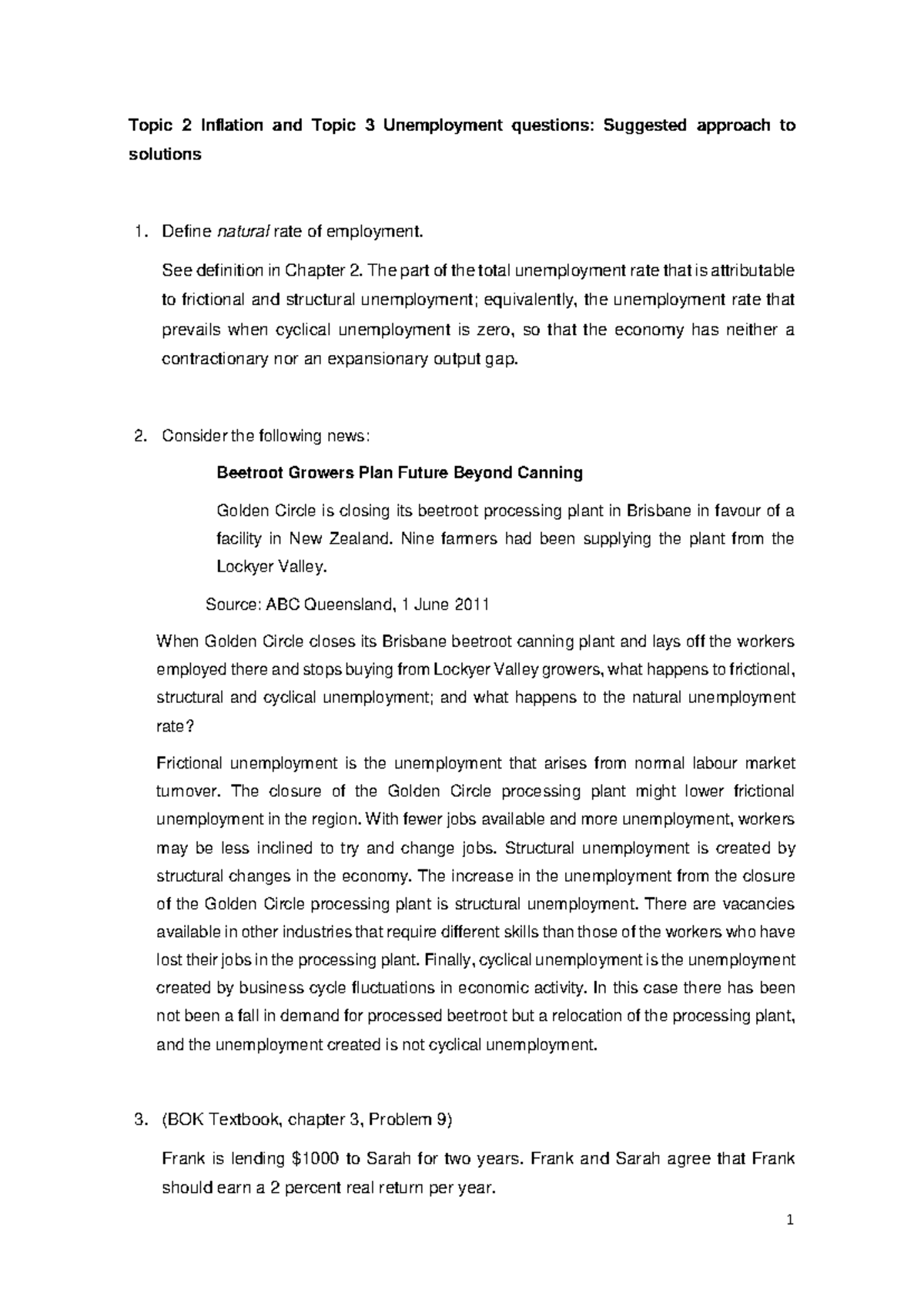 Topic 2 Inflation and Topic 3 Unemployment Questions Solutions - 1 ...