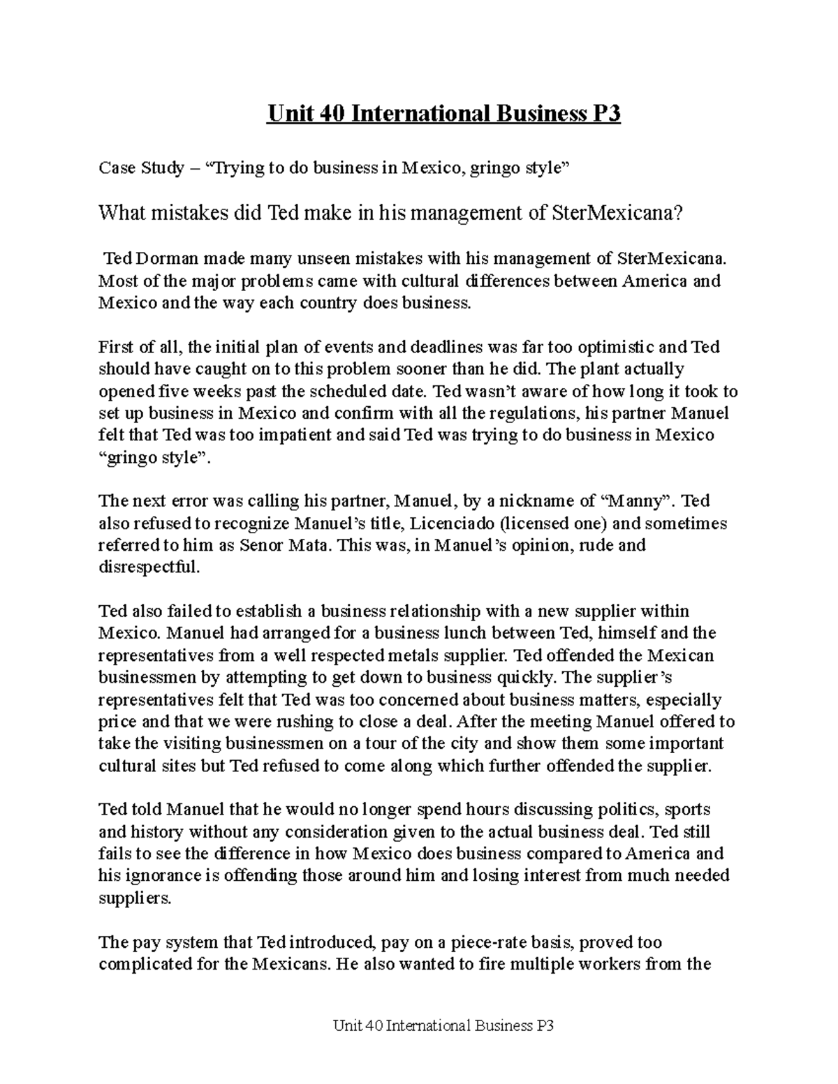 Unit 40 International Business P3 - Most of the major problems came ...