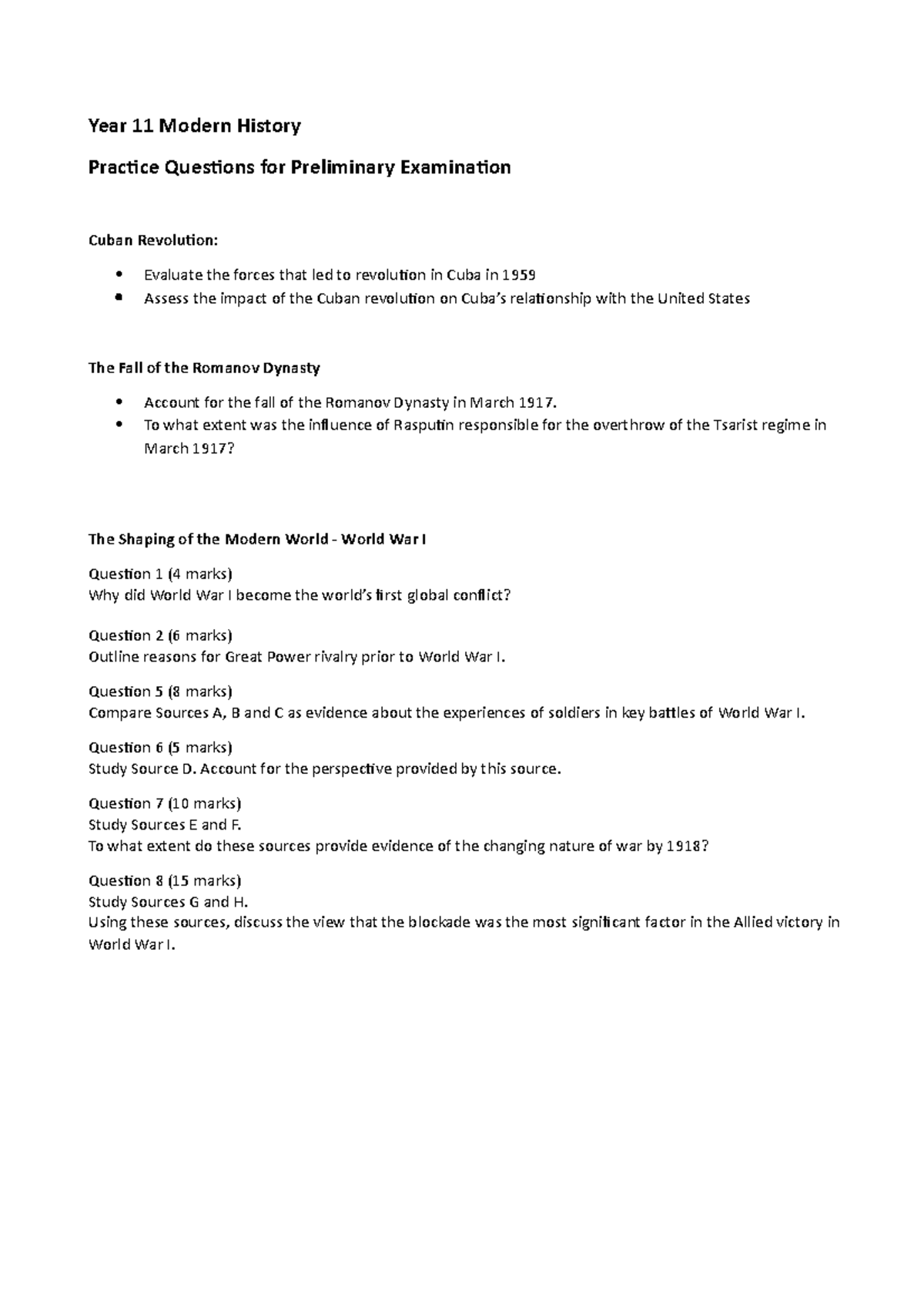 Prelim Exam Practice questions - Year 11 Modern History Practice ...