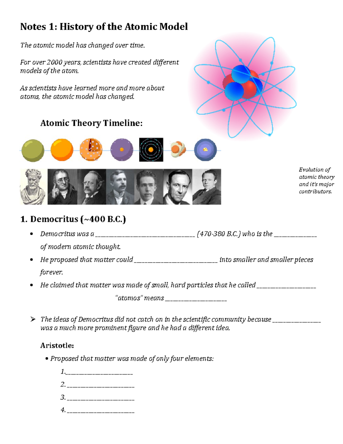 Noteguide-Atomic Structure - Notes 1: History of the Atomic Model The ...