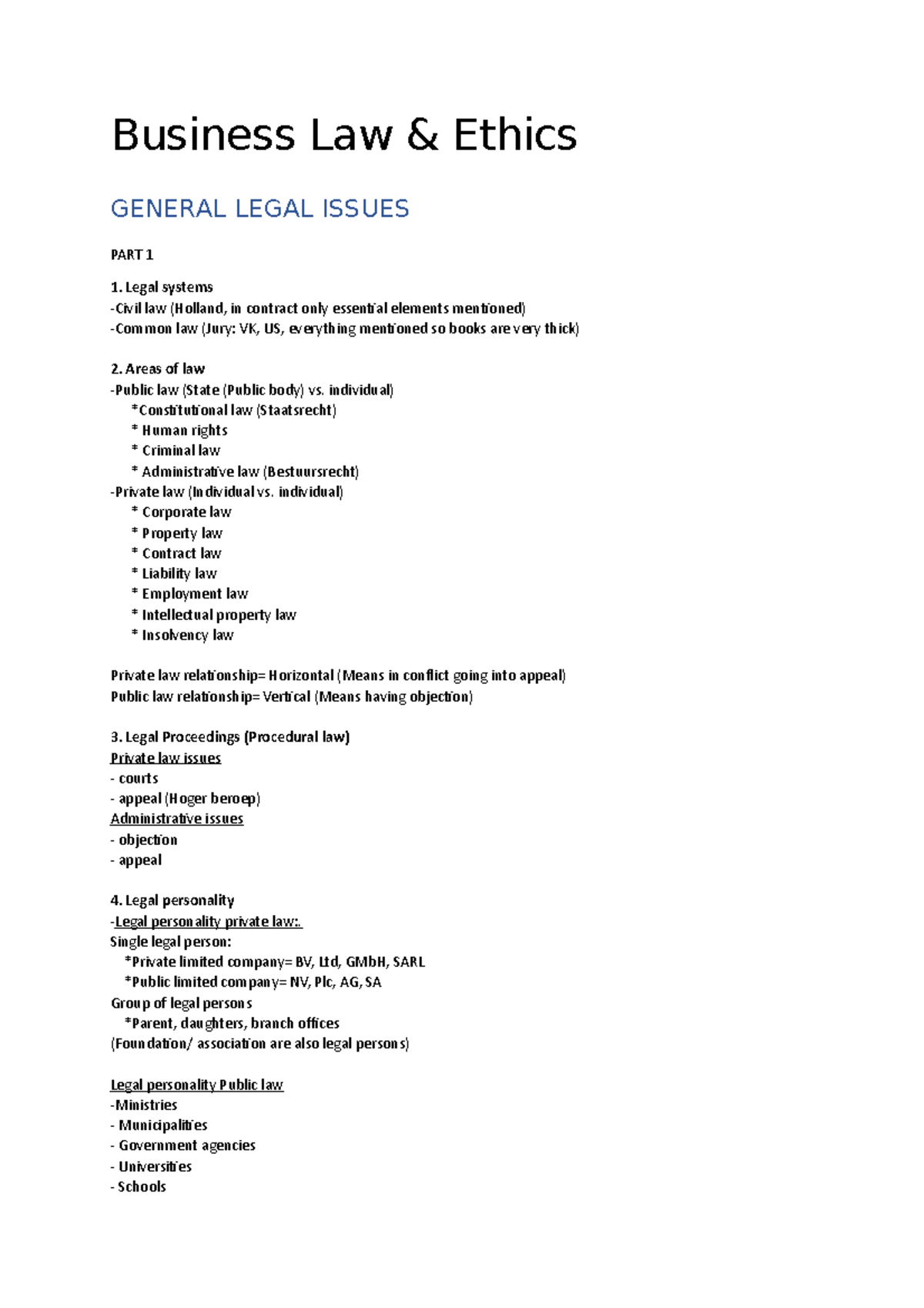 Business Law Summary - College-aantekeningen 1-9 - Business Law ...