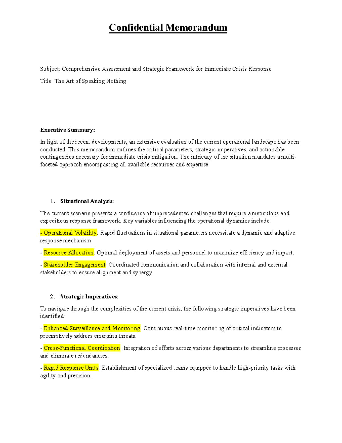 Confidential Memorandum - Confidential Memorandum Subject ...