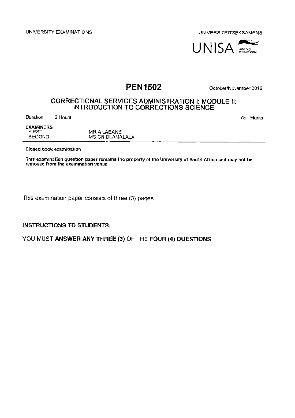 PEN1502 2016 10 E 1 - Past exam questions and answers - INS1502 - Studocu